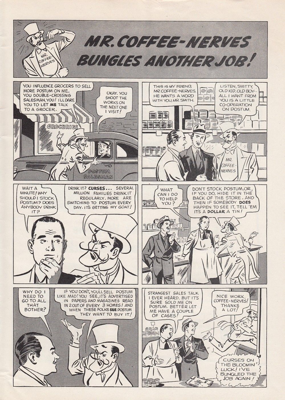 1940 Postum Coffee Comic-Strip Ad: Mr. Coffee Nerves Bungles Another ...