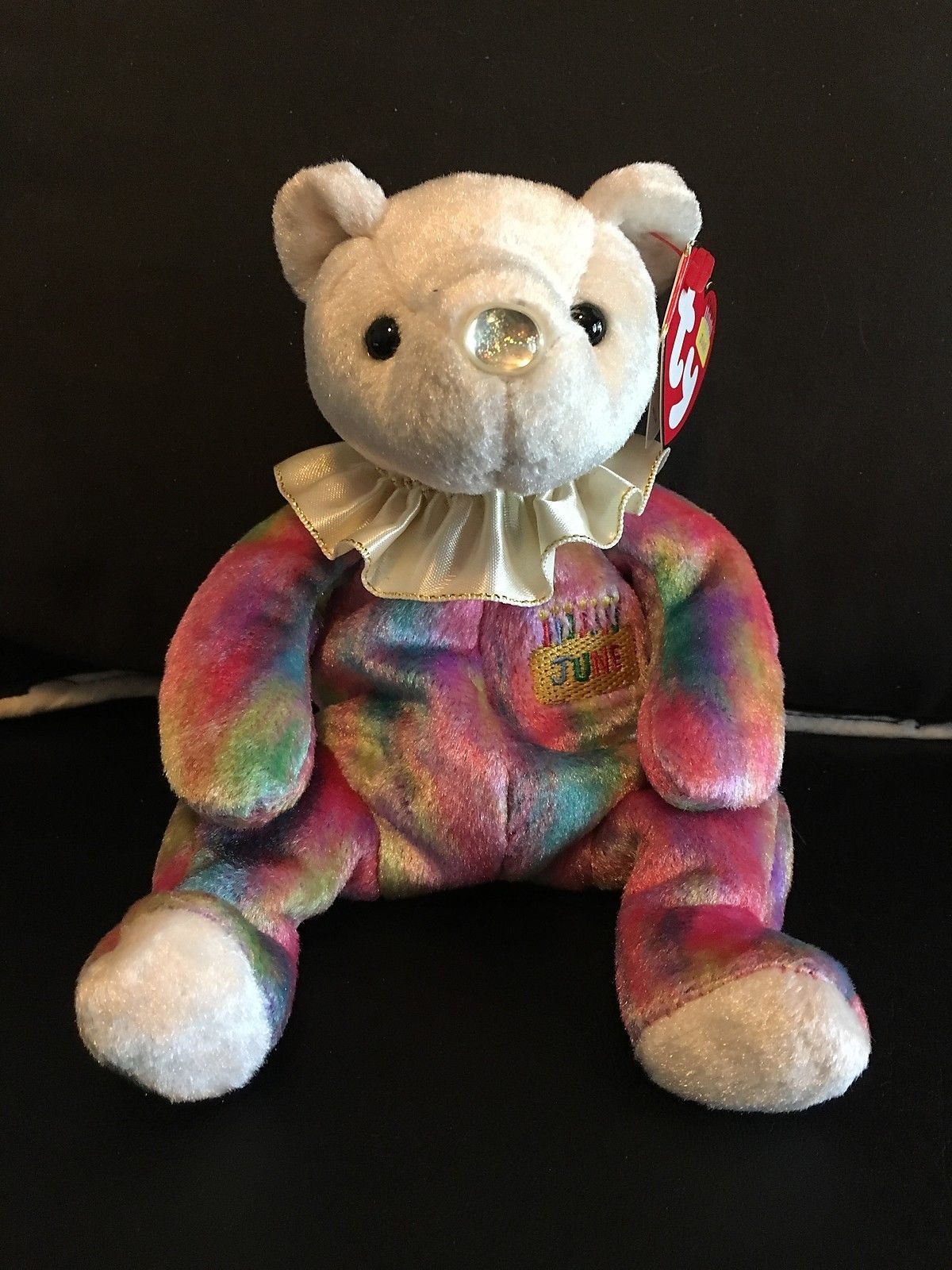 TY BEANIE BABY JUNE BIRTHDAY BEAR CLOWN COLLAR MINT & MINT TAGS RETIRED ...