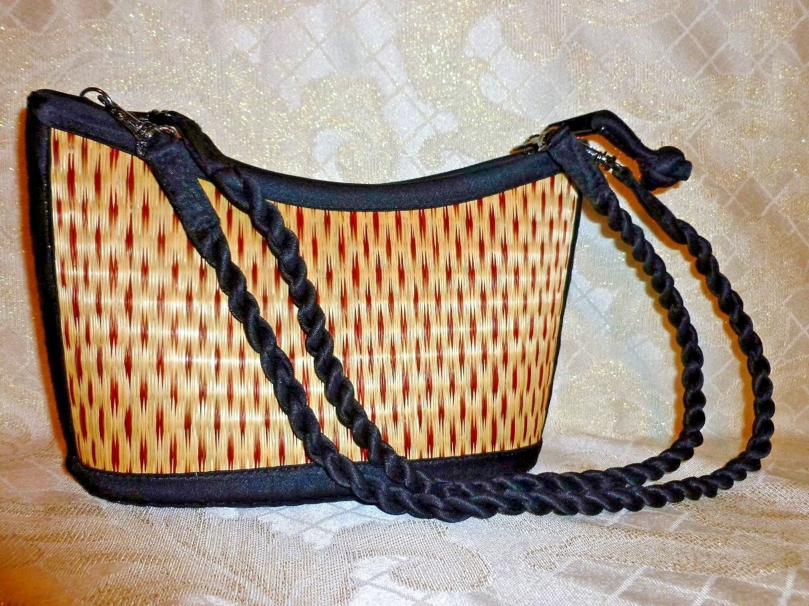 Baskets Of Cambodia Woven Straw Handbag With Black Fabric Trim 