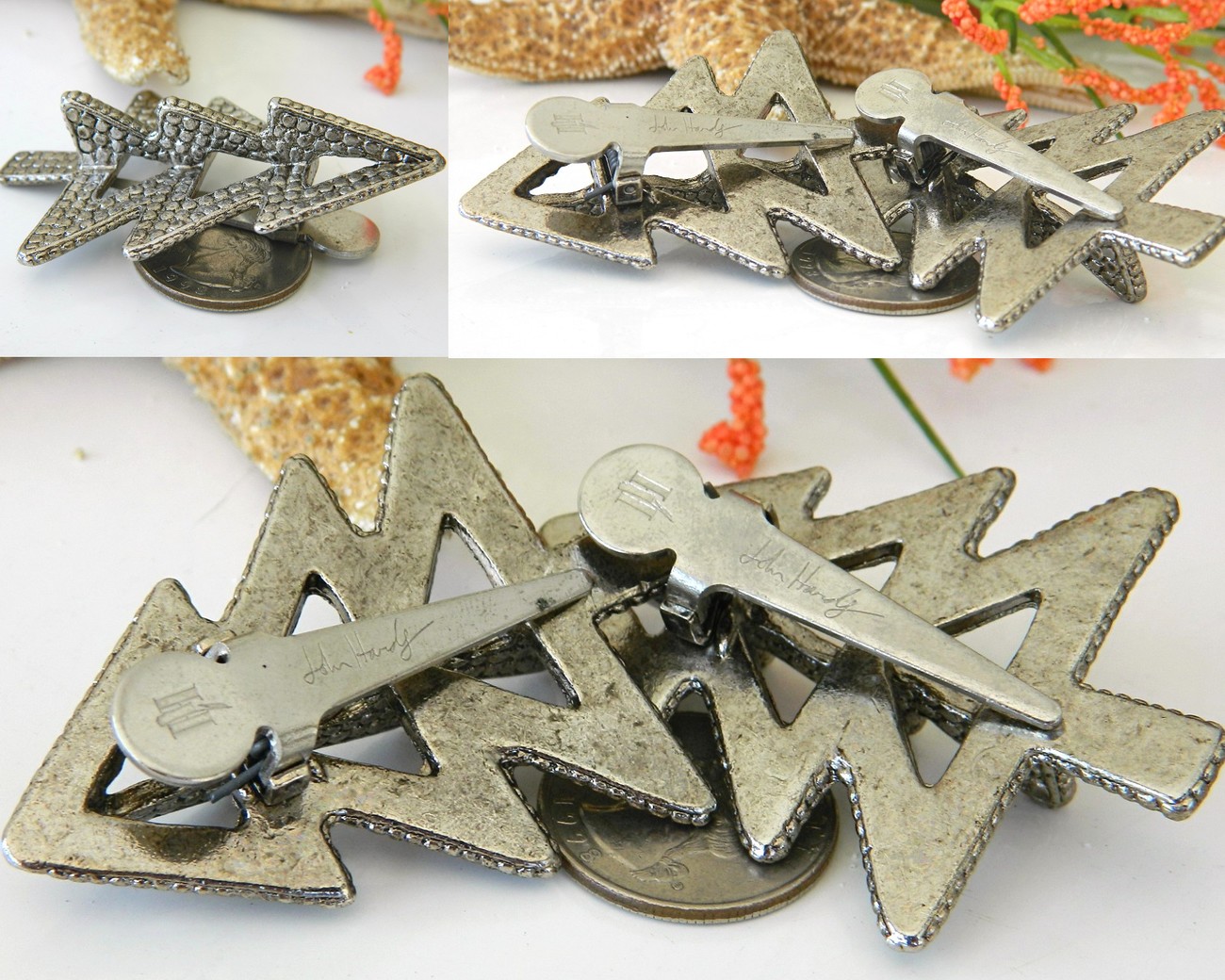 Vintage Pair Christmas Tree Clips John Hardy Modernist 1970s 3D Silver ...