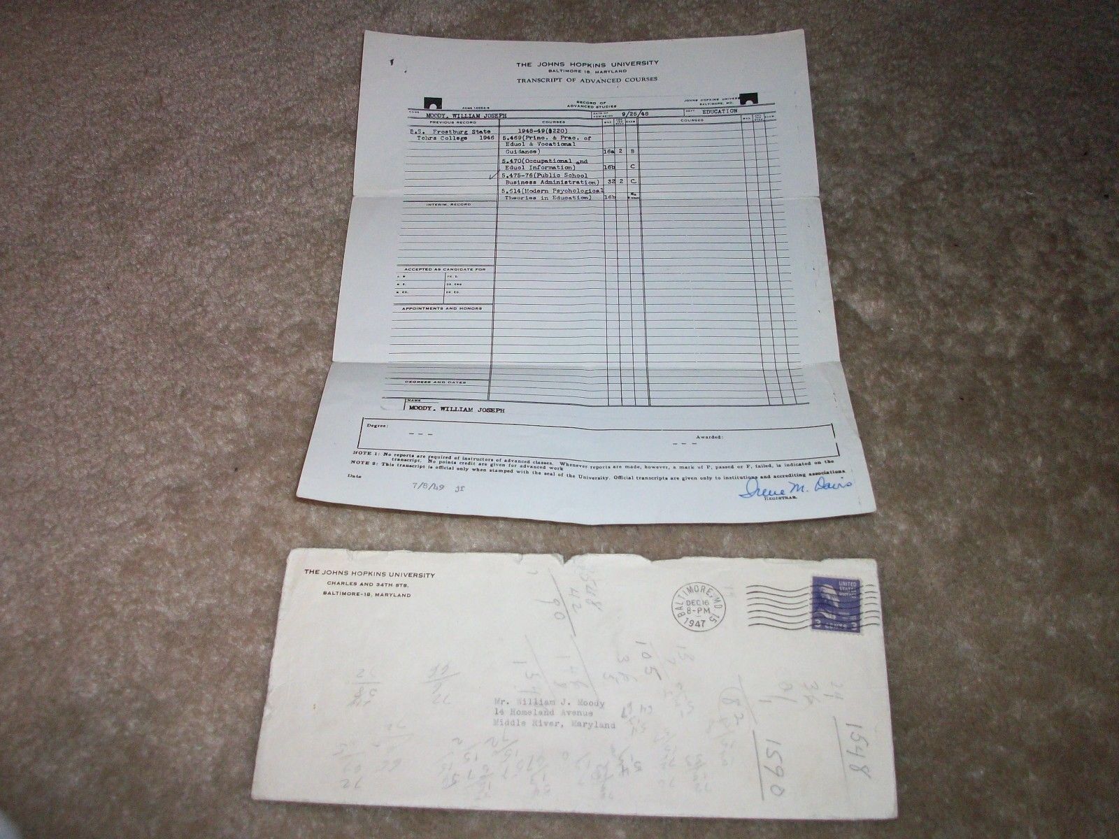 1949 Original Johns Hopkins University Transcript & 1947 Envelope w 3 ...