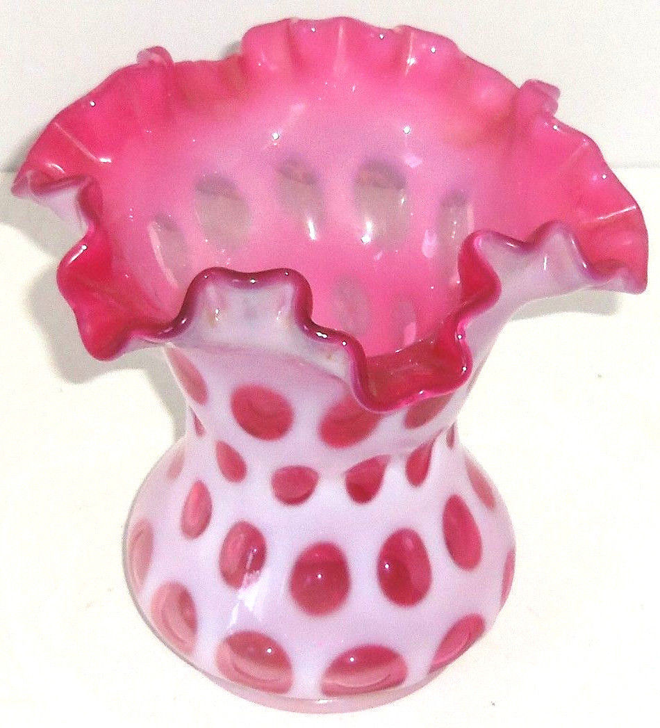 Fenton Cranberry Coin Dot Ruffled Opalescent Vase Vintage Pink White ...