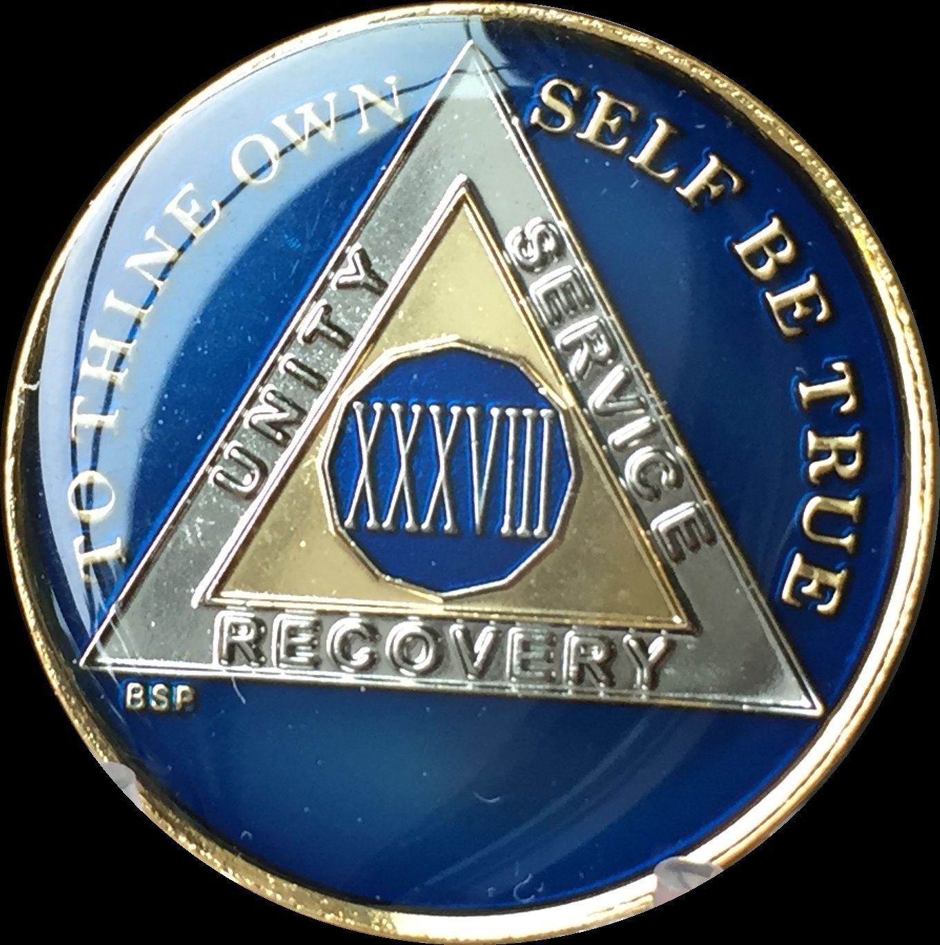 38 Year Midnight Blue AA Medallion Alcoholics Anonymous Chip Gold Tri ...