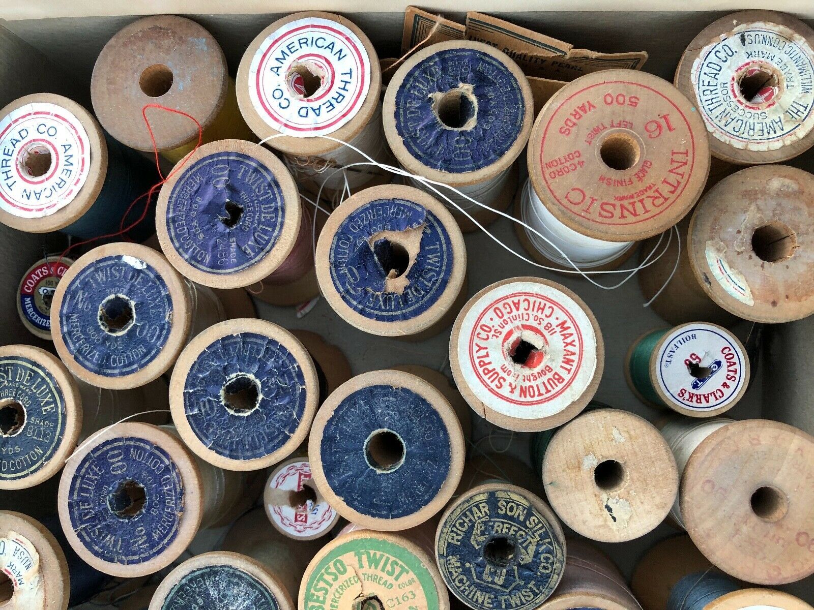 VTG Box of American Thread Co JP Coats Wood Spools Cotton Sewing Thread ...