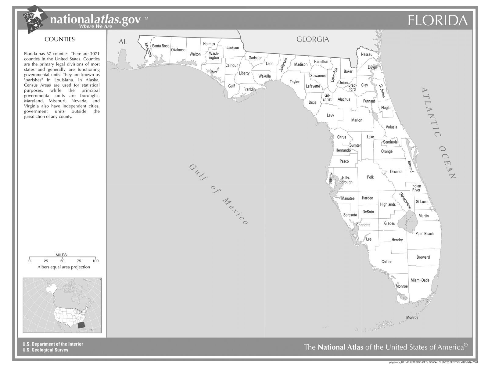 Florida State Counties (Black&White) Laminated Wall Map - US