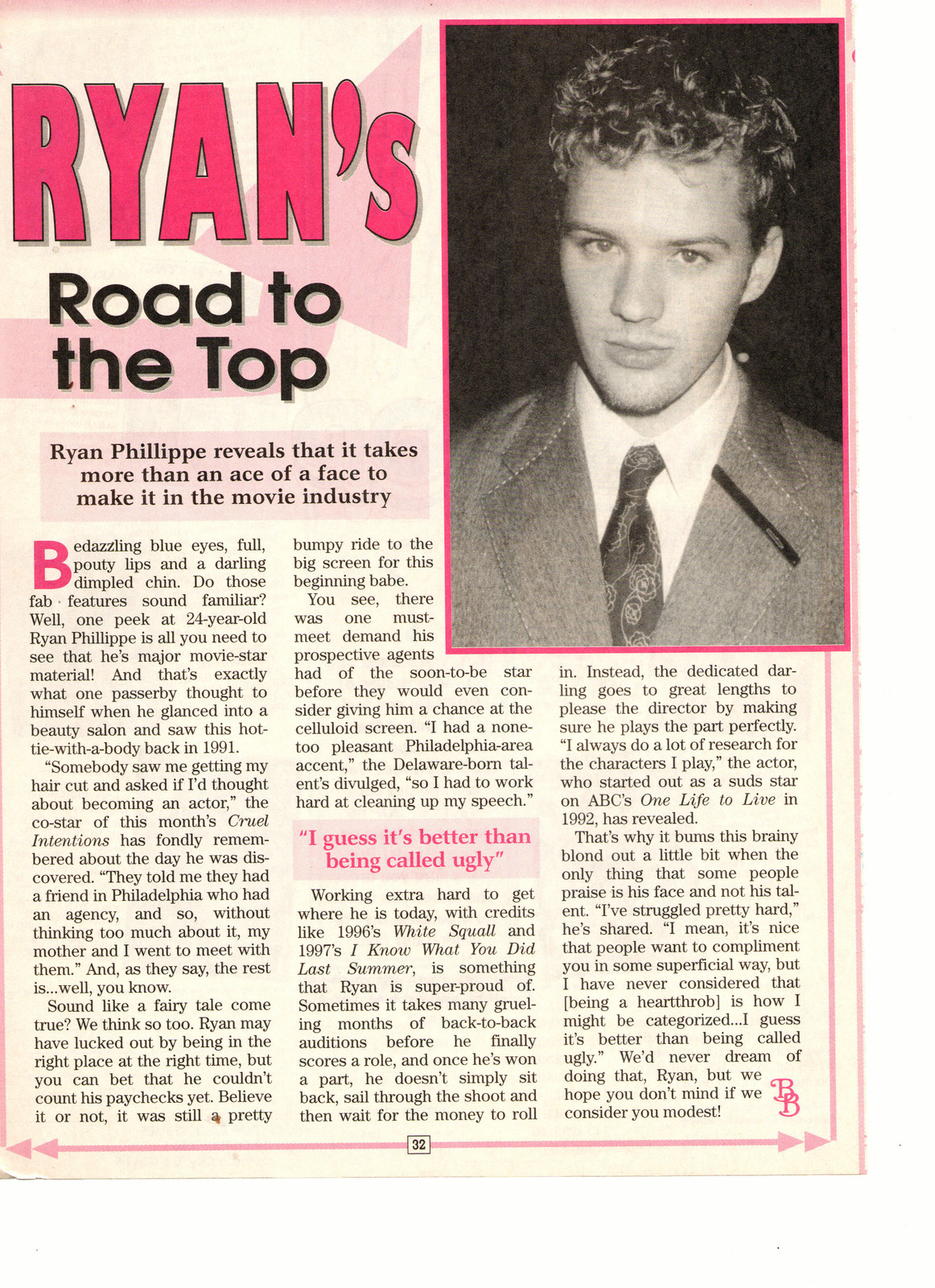 Ryan Phillippe teen magazine pinup clipping road to the top Big Bopper ...
