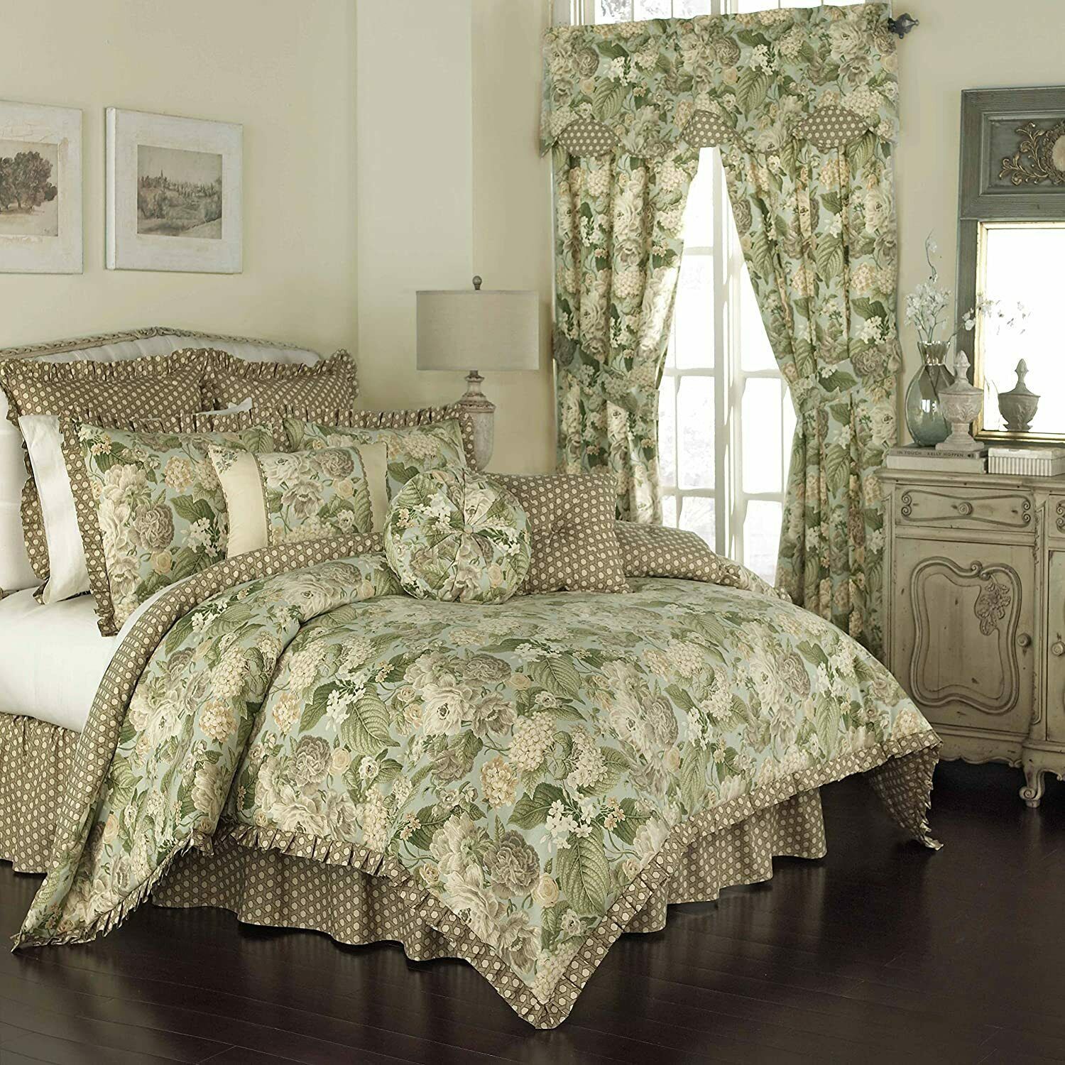 4PC Waverly Garden Glory Reversible QUEEN COMFORTER SET Tan Blue Green Floral Comforters Sets 4pc-waverly-garden-glory-reversible-queen-comforter-set-tan-blue-green-floral-comforters-sets