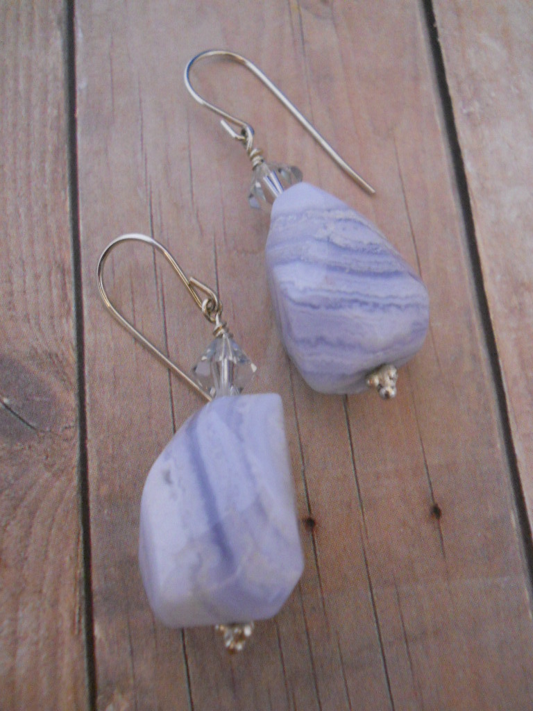 Earrings: Pale Gray Banded Agate, Swarovski Crystals, Sterling Silver ...