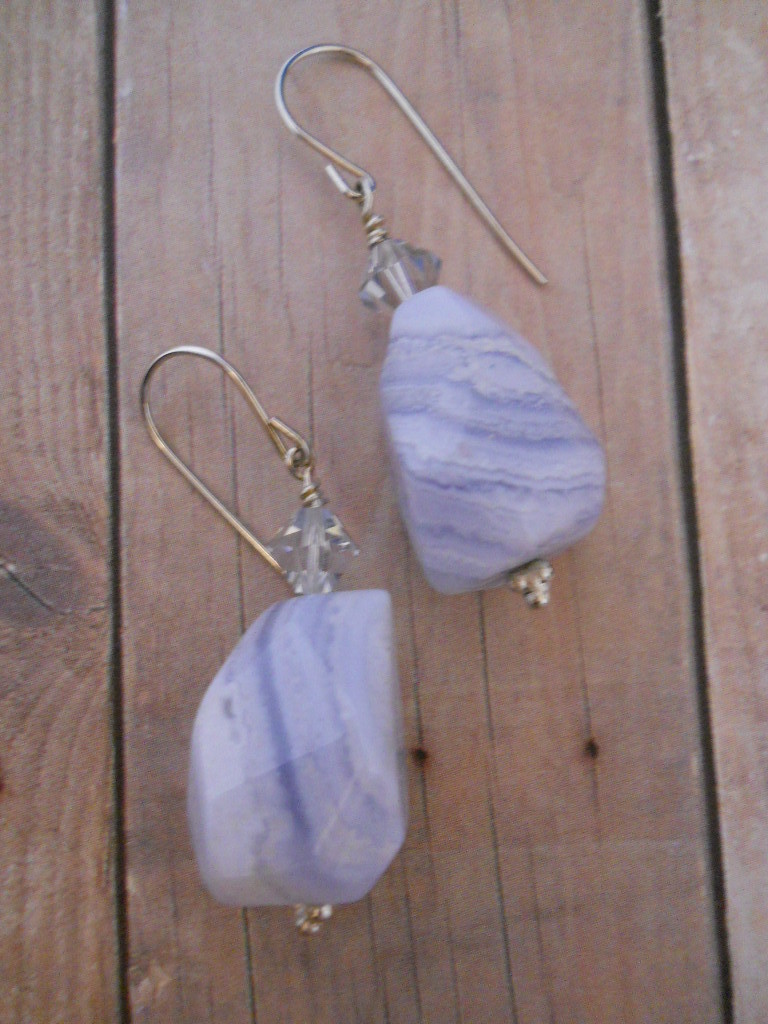 Earrings: Pale Gray Banded Agate, Swarovski Crystals, Sterling Silver ...