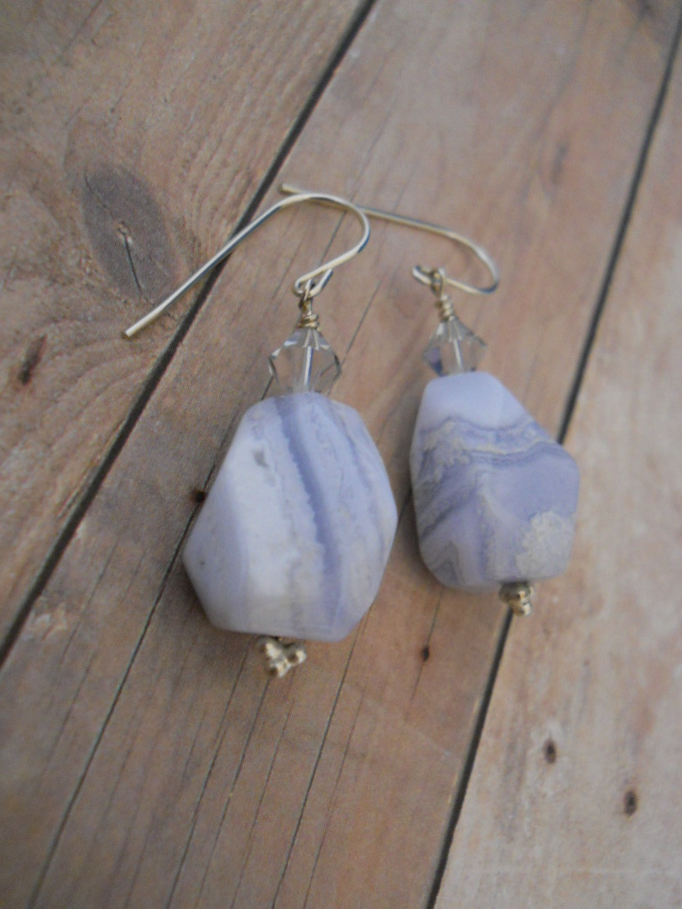 Earrings: Pale Gray Banded Agate, Swarovski Crystals, Sterling Silver ...