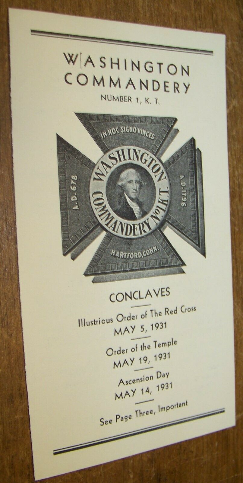 1931 MASONIC KNIGHTS TEMPLAR WASHINGTON COMMANDERY HARTFORD CT PROGRAM ...