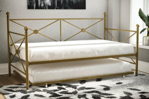 Gold Metal Daybed Frame Twin Size Bed WITH TRUNDLE Kids Bedroom ...