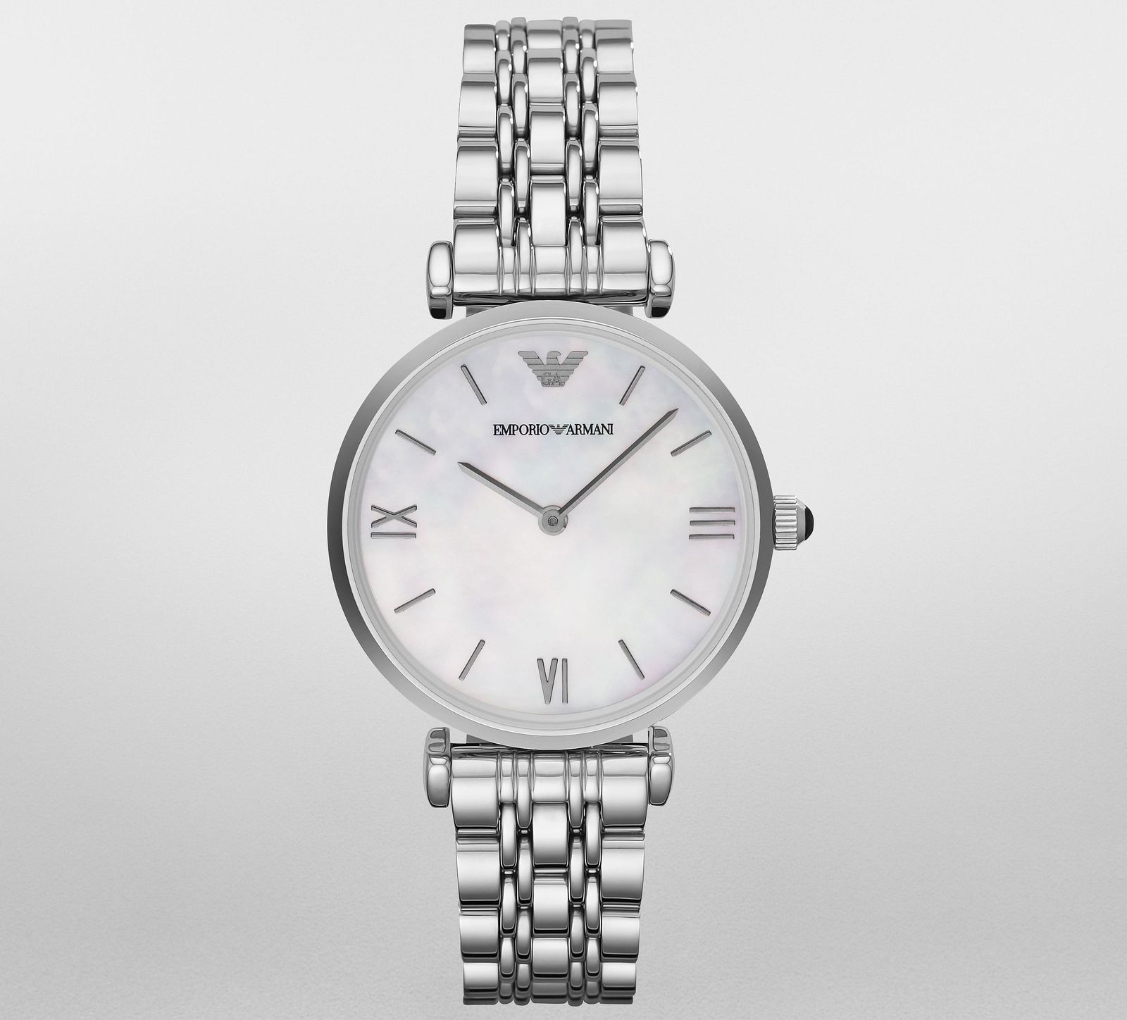 New Emporio Armani Silver Tone Quartz Mother Of Pearl Dial Women's ...