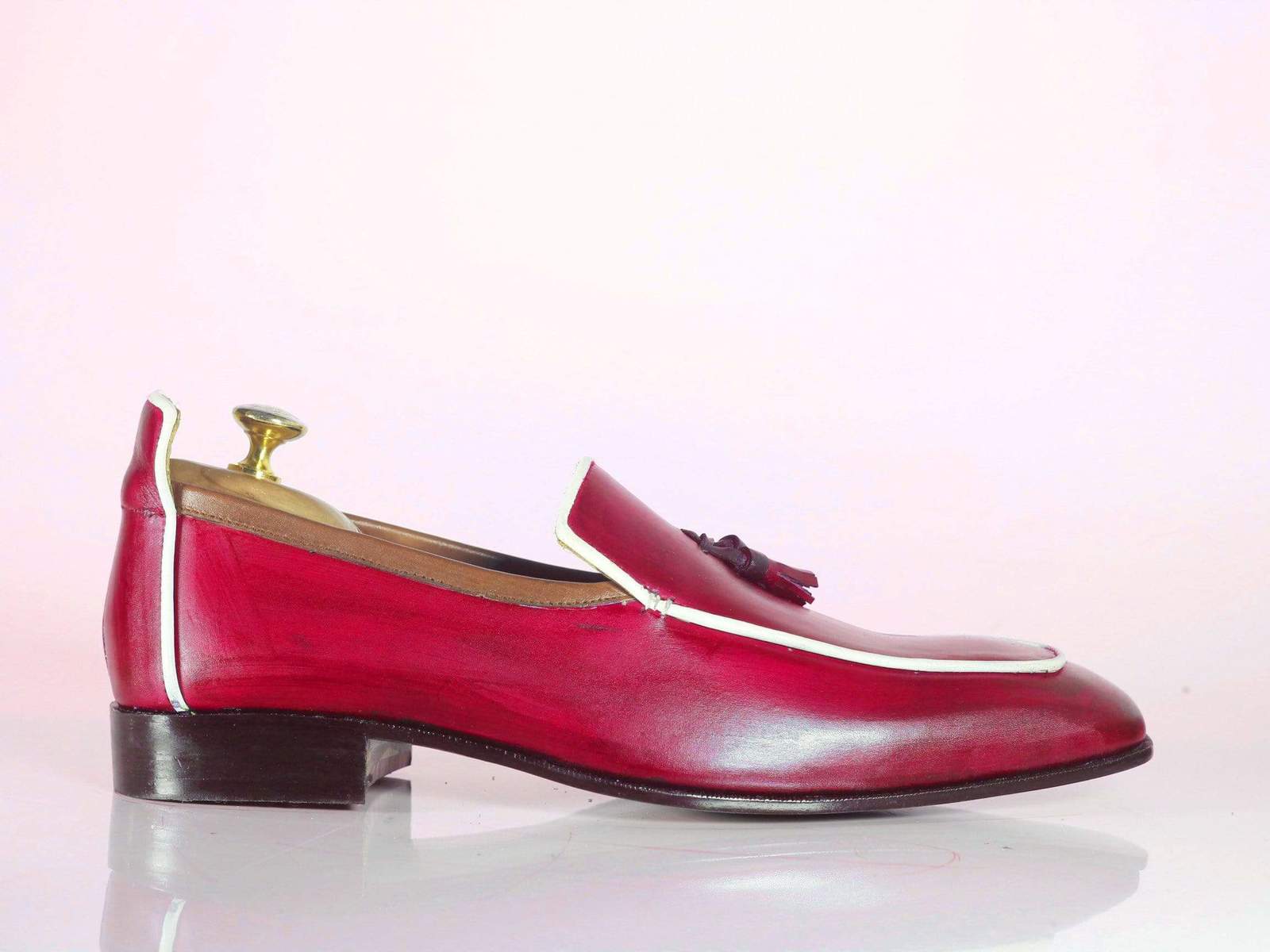 Bespoke Pink Tussle Leather Loafers for Men's - Dress/Formal Bespoke Pink Tussle Leather Loafers for Men's - Dress/Formal