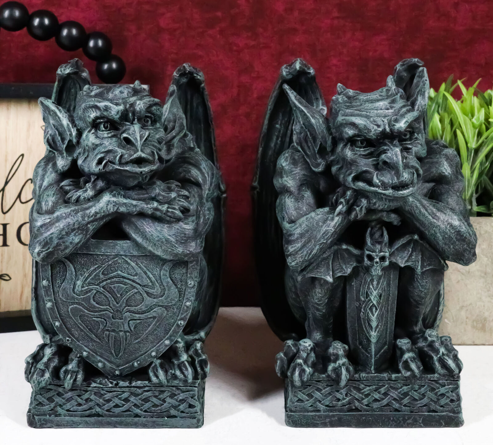 Set of 2 Notre Dame Gothic Guardian Gargoyles With Bat Sword & Shield ...