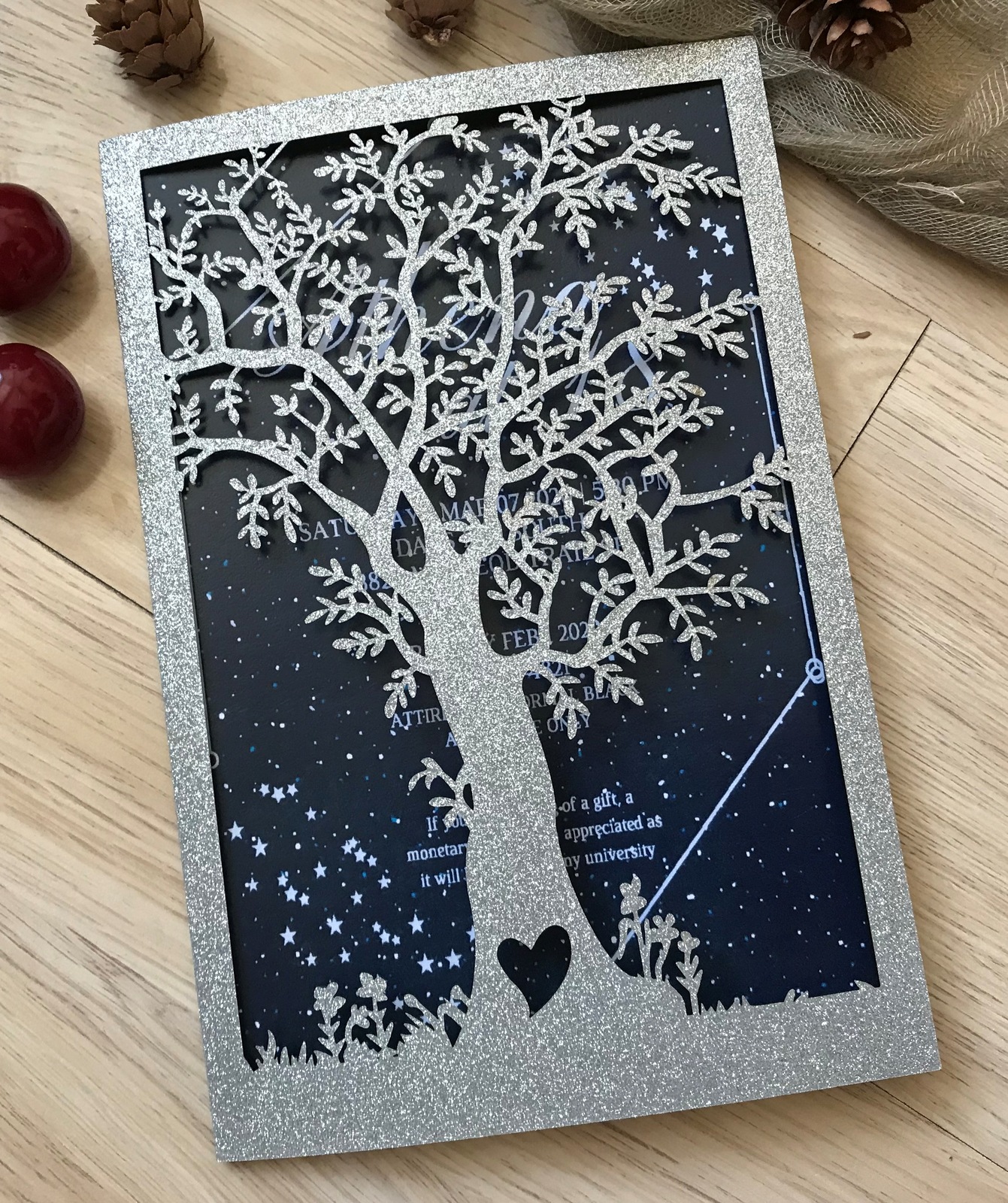 50pcs Glitter Silver Laser Cut Wedding Card,Tree laser cut invitation ...