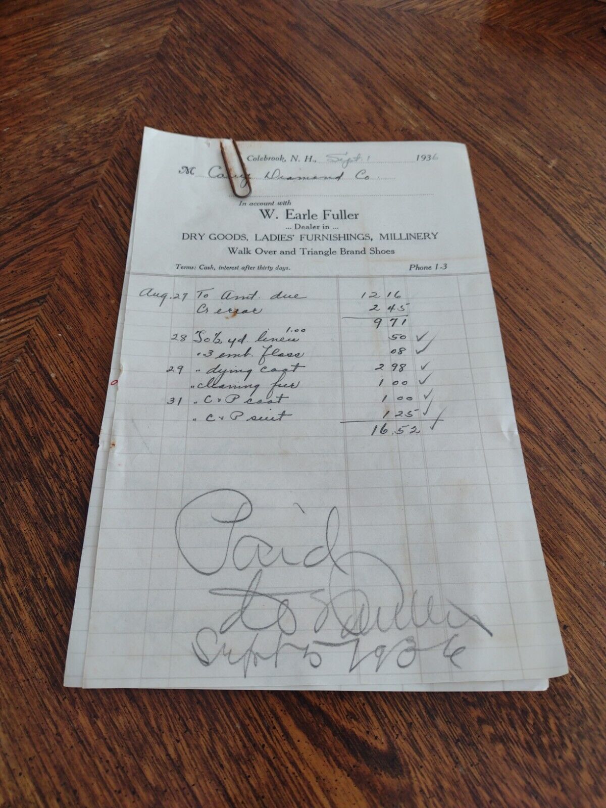 Two 1936 Bill Letterhead W. Earle Fuller Colebrook NH to Camp Diamond ...