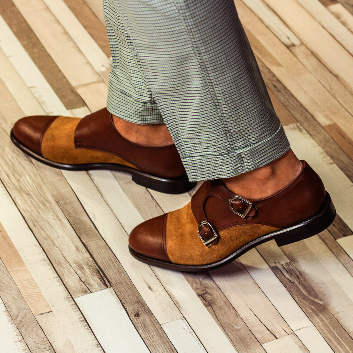 Two Tone Monk Double Buckle Strap Tan Suede Brown Cap Toe Leather Shoes ...