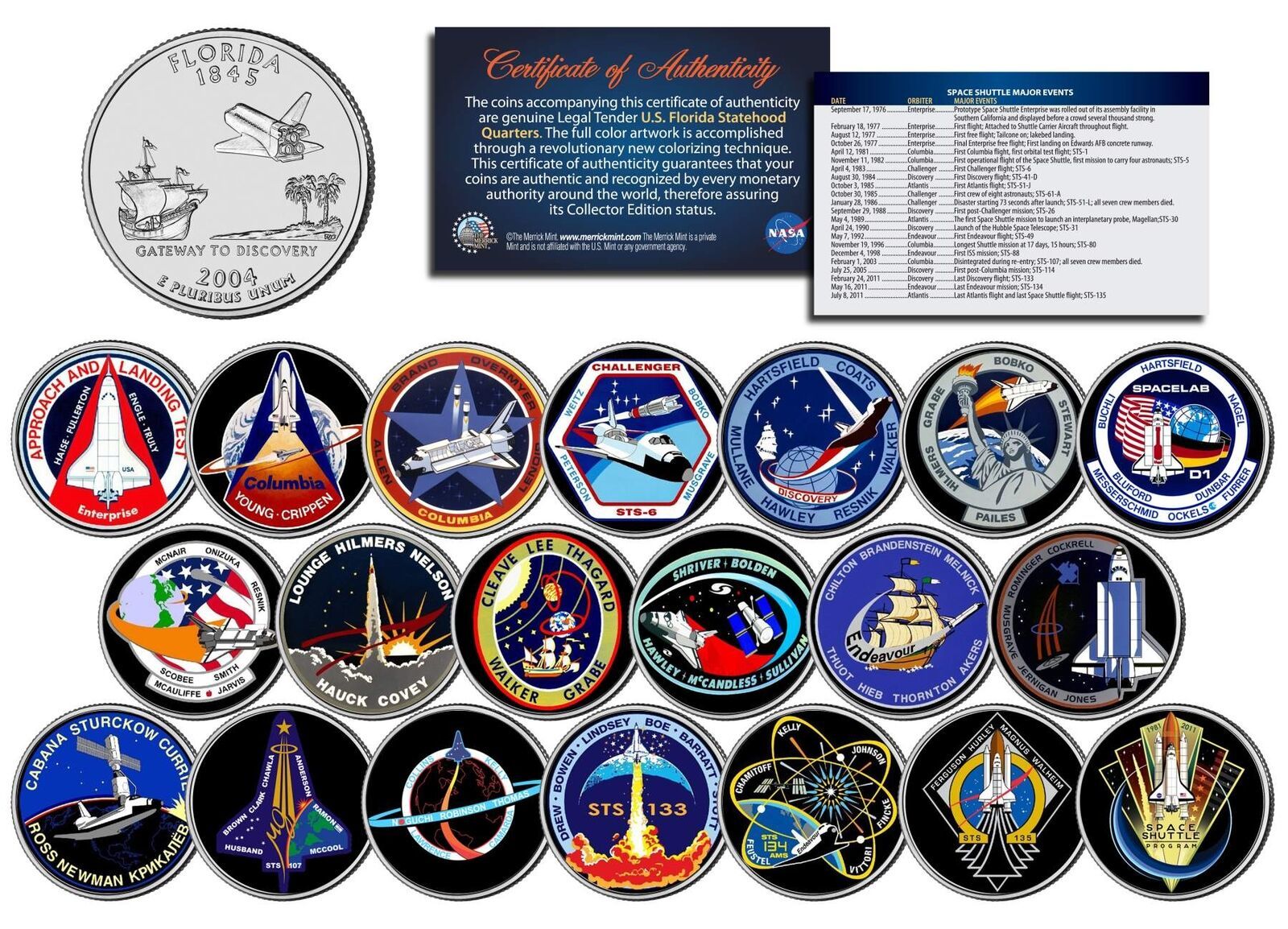 SPACE SHUTTLE PROGRAM MAJOR EVENTS Colorized FL Quarters U.S. 20-Coin ...