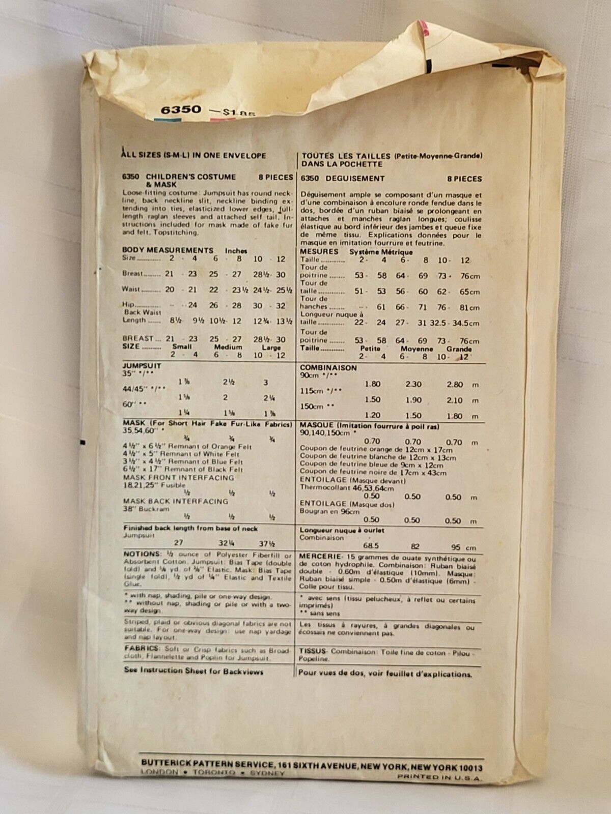 TWEETY BIRD COSTUME LOONEY TUNES SEWING PATTERN 6350 QUICK BUTTERICK ...