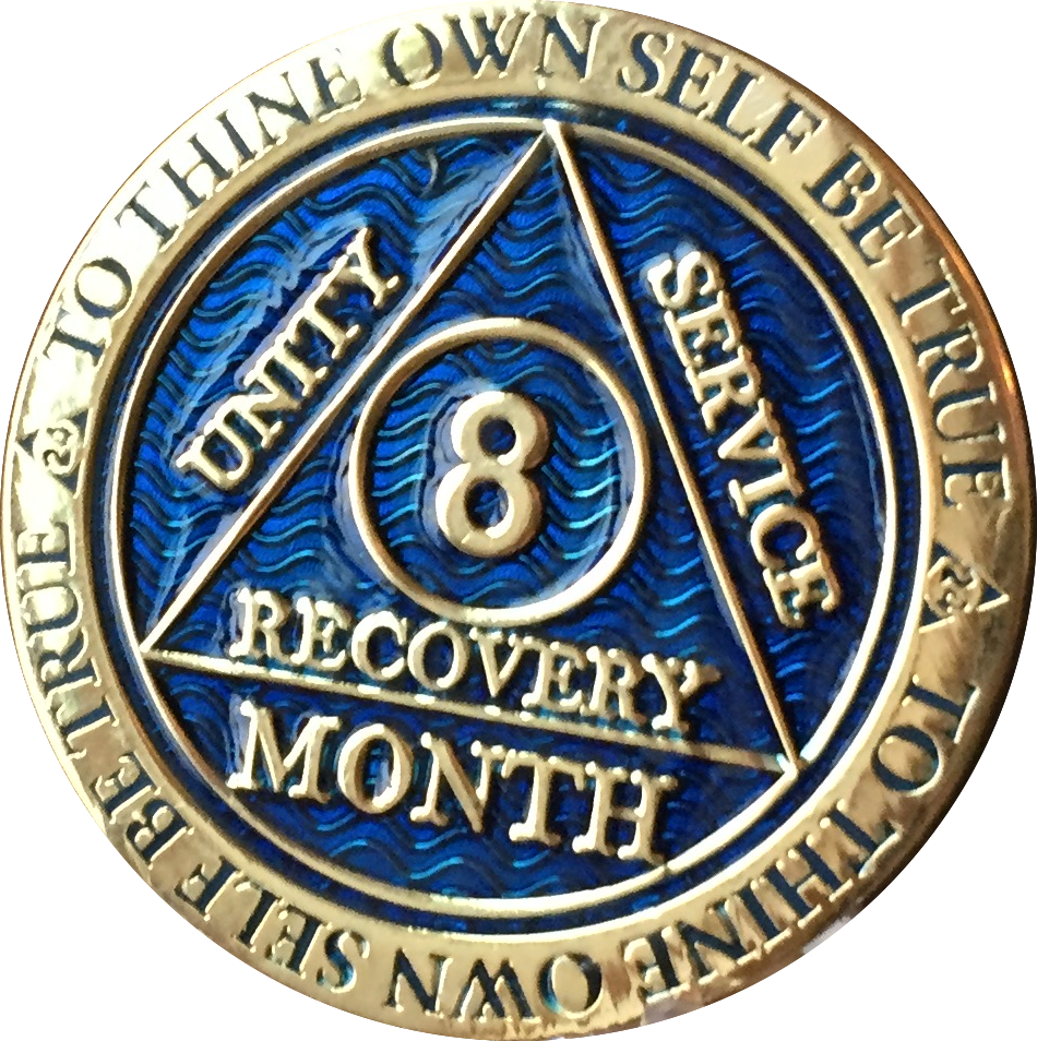 8 Month AA Medallion Reflex Blue Gold Plated Sobriety Chip Coin ...