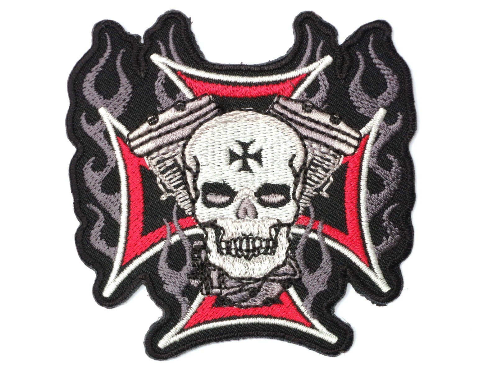 Flaming V Twin Maltese Cross Skull Biker Rider Sew On Iron On Patch 3