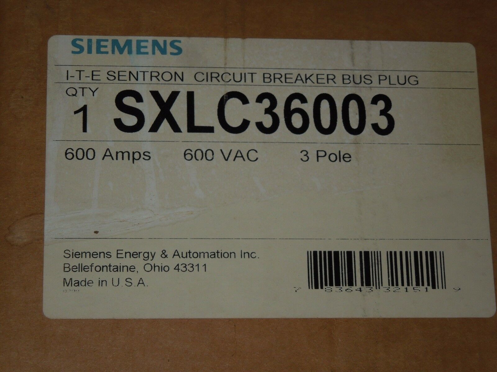 Siemens SXLC36003 600A 3ph 3W 600V ITE Sentron Breaker Bus Plug Surplus ...