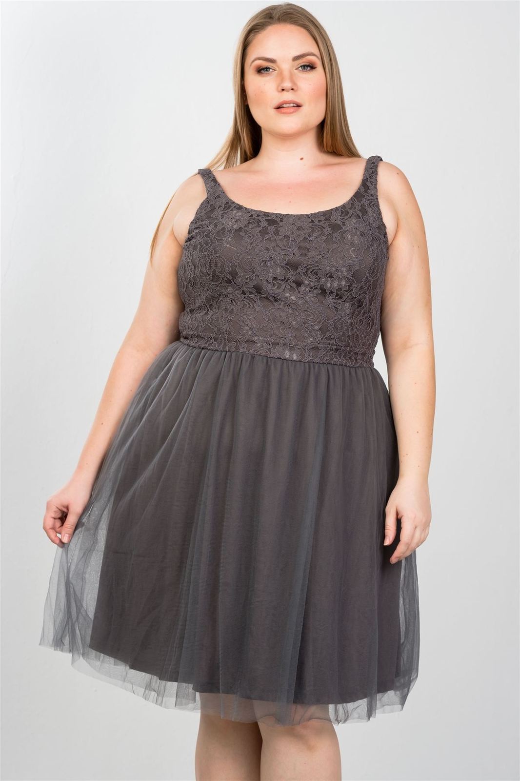 Ladies Fashion Plus Size Lace Top Midi Dress With Tulle Skirt Fashion