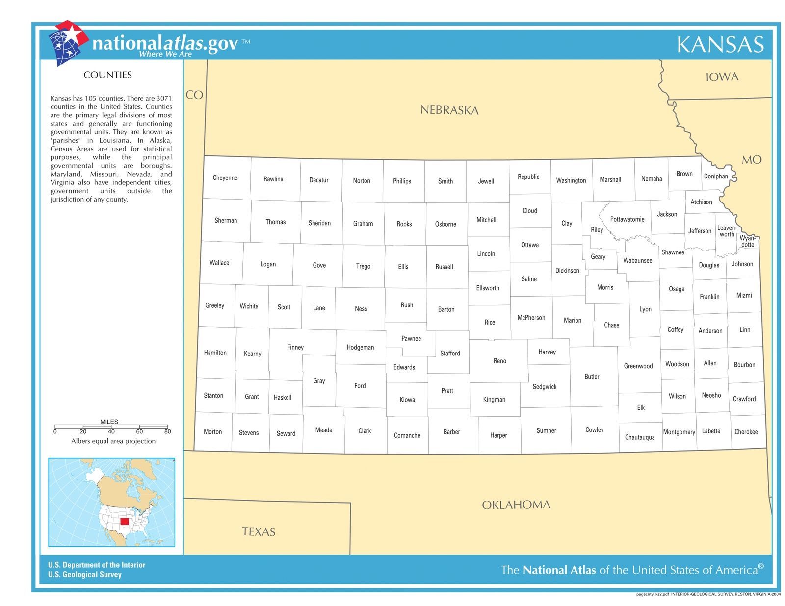 Kansas State Counties Laminated Wall Map - US