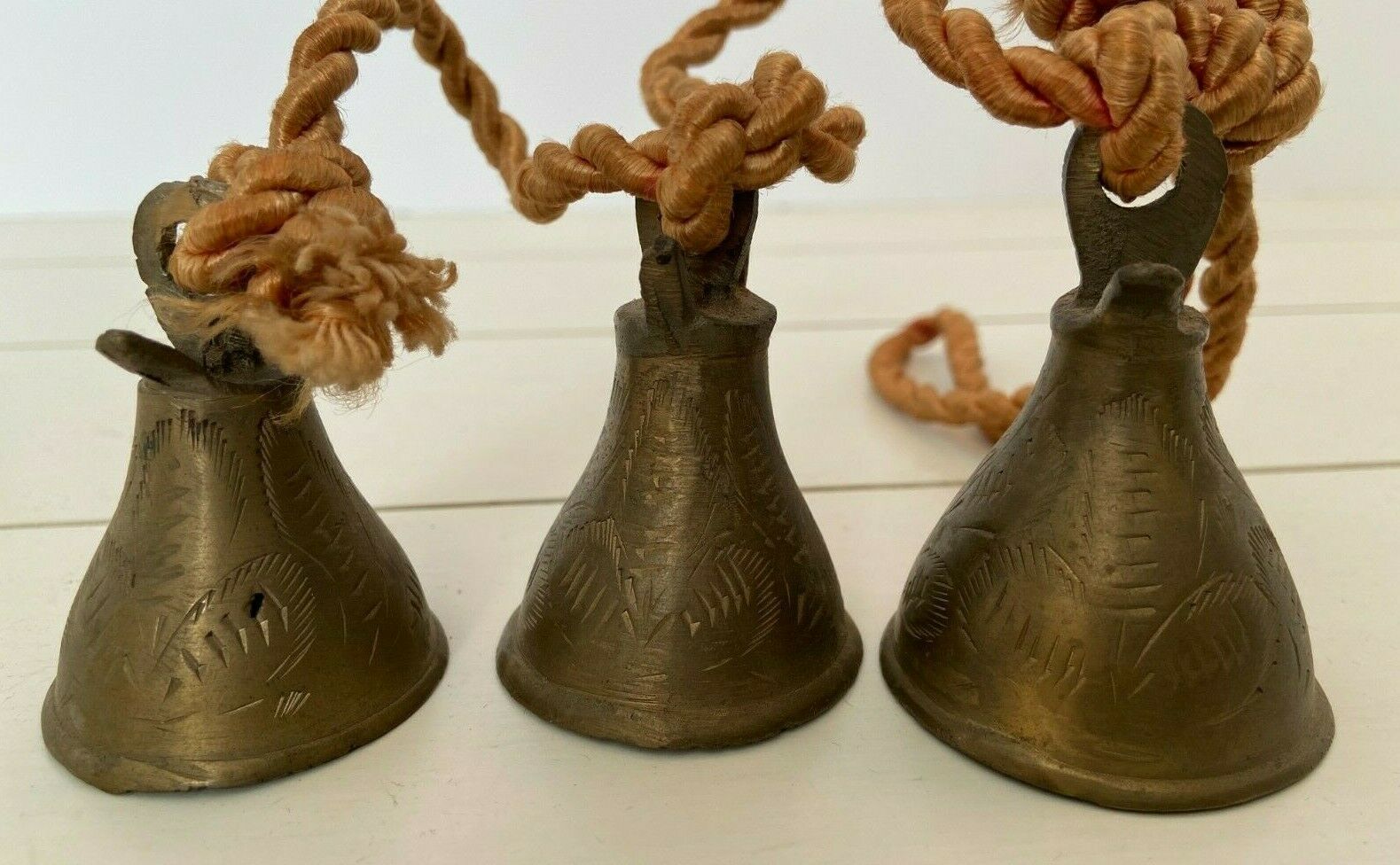 3 Vintage Brass Camel Bells On a String - Windchimes