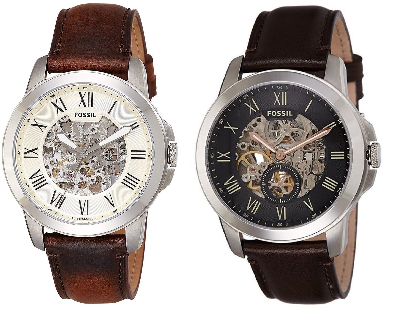 Fossil Men's Grant Automatic Skeleton Dial Leather Watch - Wristwatches