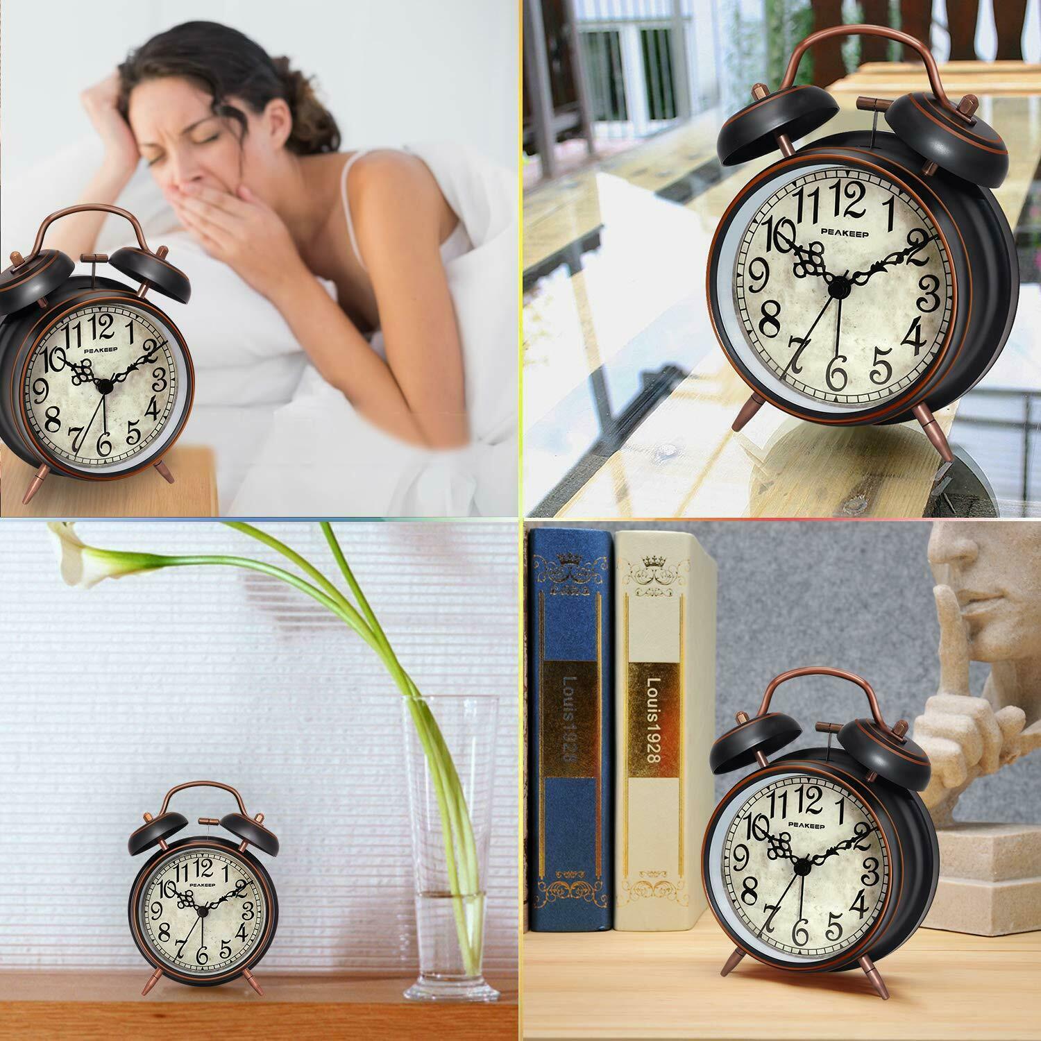 Analog Alarm Bedside Clock Rustic Antiqued Twin Bell Shabby Chic ...