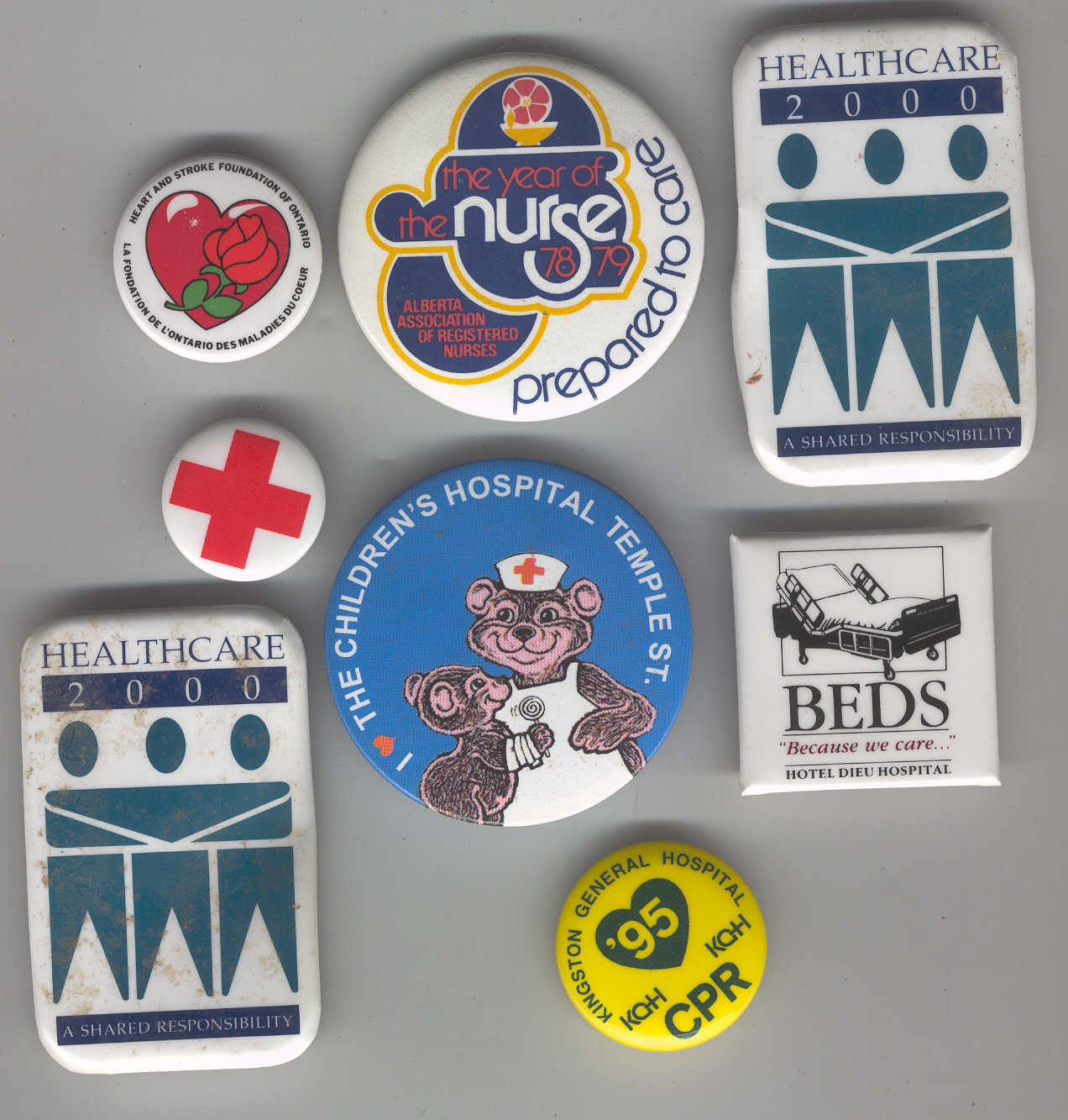 HOSPITAL 8 PC LOT 1979 NURSE BUTTONS PINS HEALTHCARE 2000 CPR KGH 1995 ...