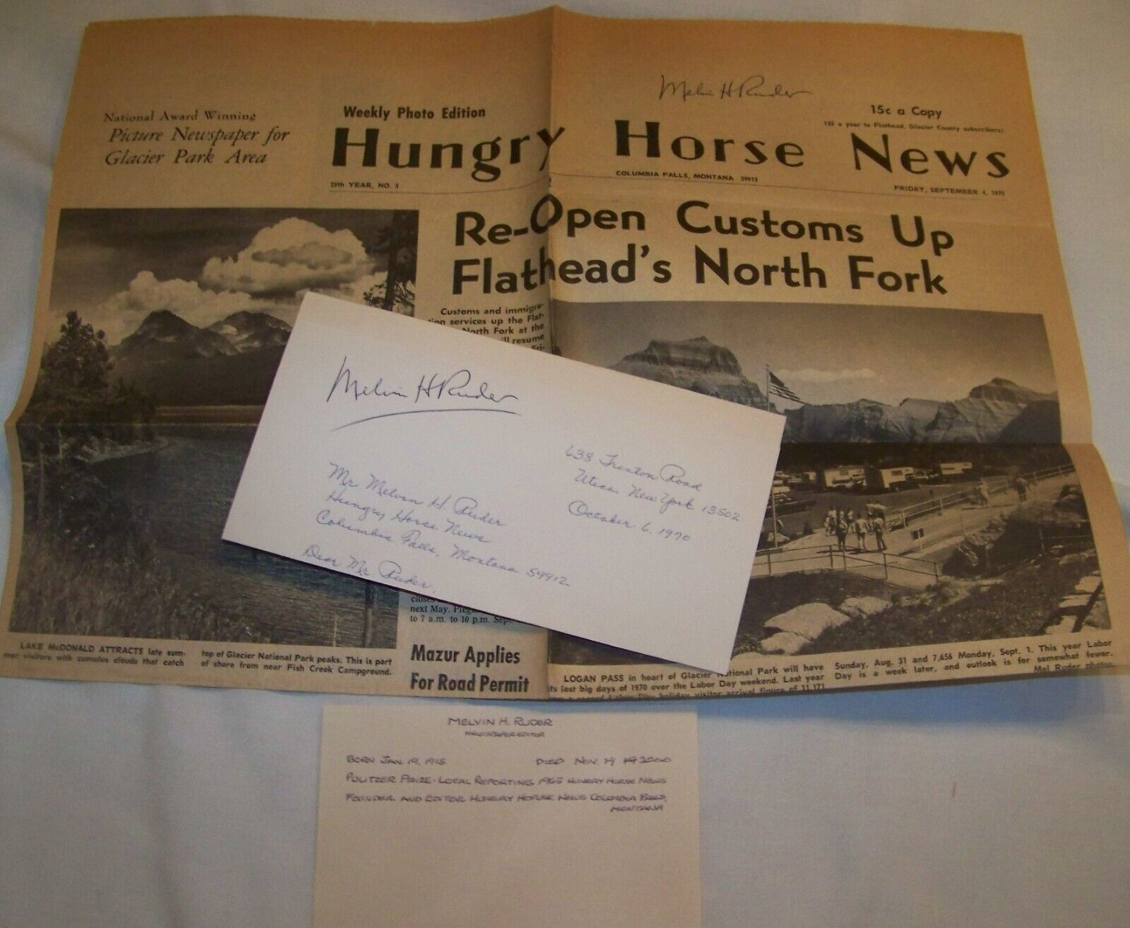 1966 AUTOGRAPH PULITZER PRIZE MELVIN RUDER EDITOR JOURNALIST COLUMBIA ...