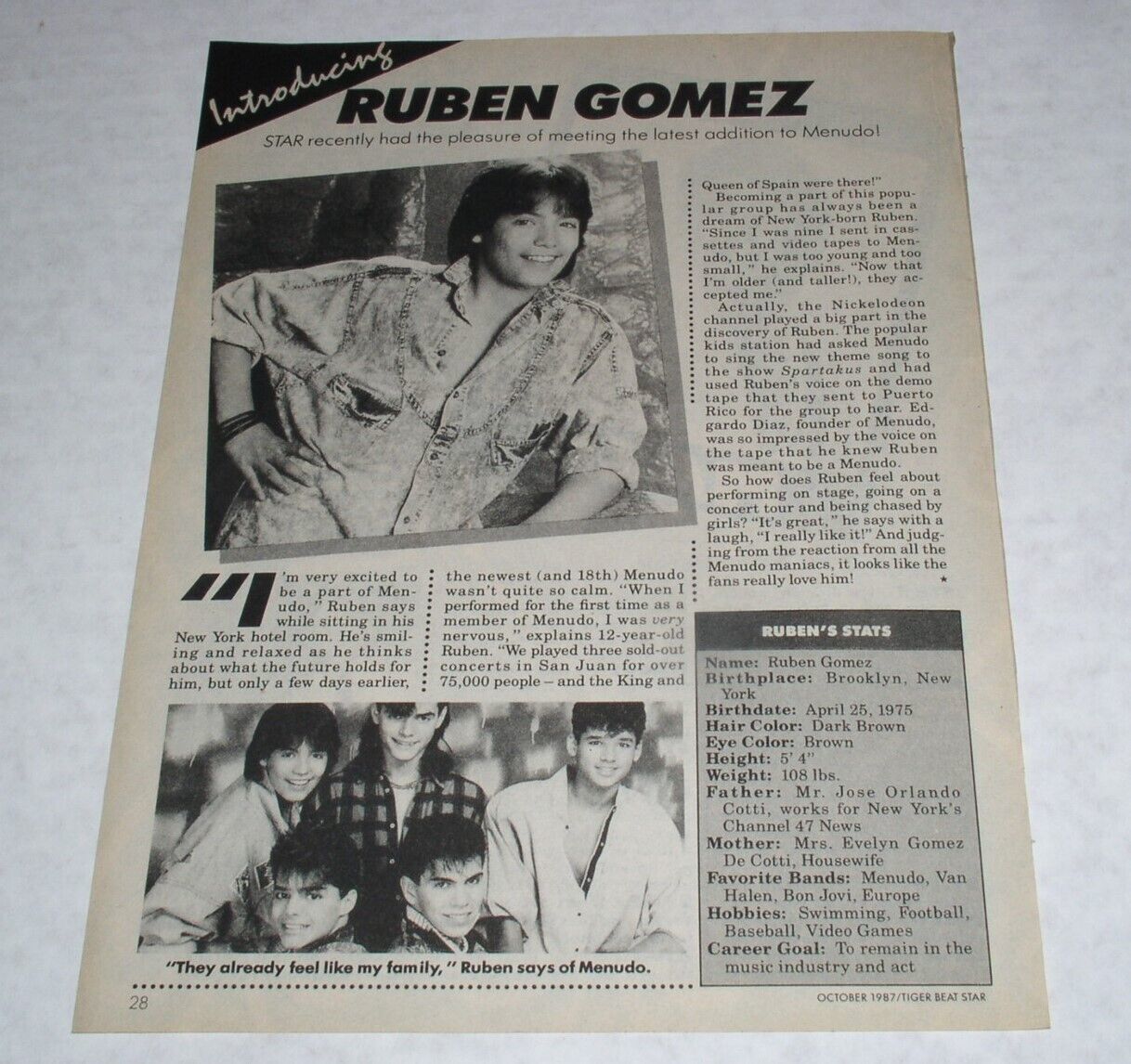 Ruben Gomez Menudo Tiger Beat Star Magazine Article Clipping Vintage ...