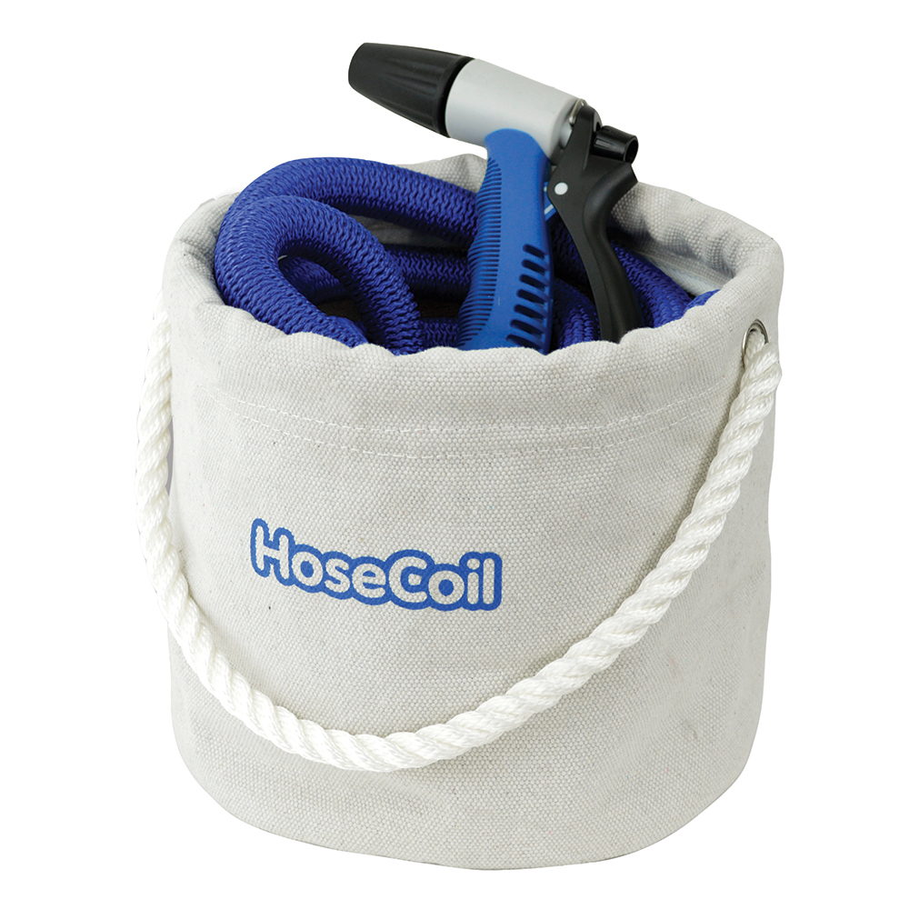 HOSECOIL CANVAS BUCKET W/75' EXPANDABLE HOSE, RUBBER TIP NOZZLE & QUICK ...