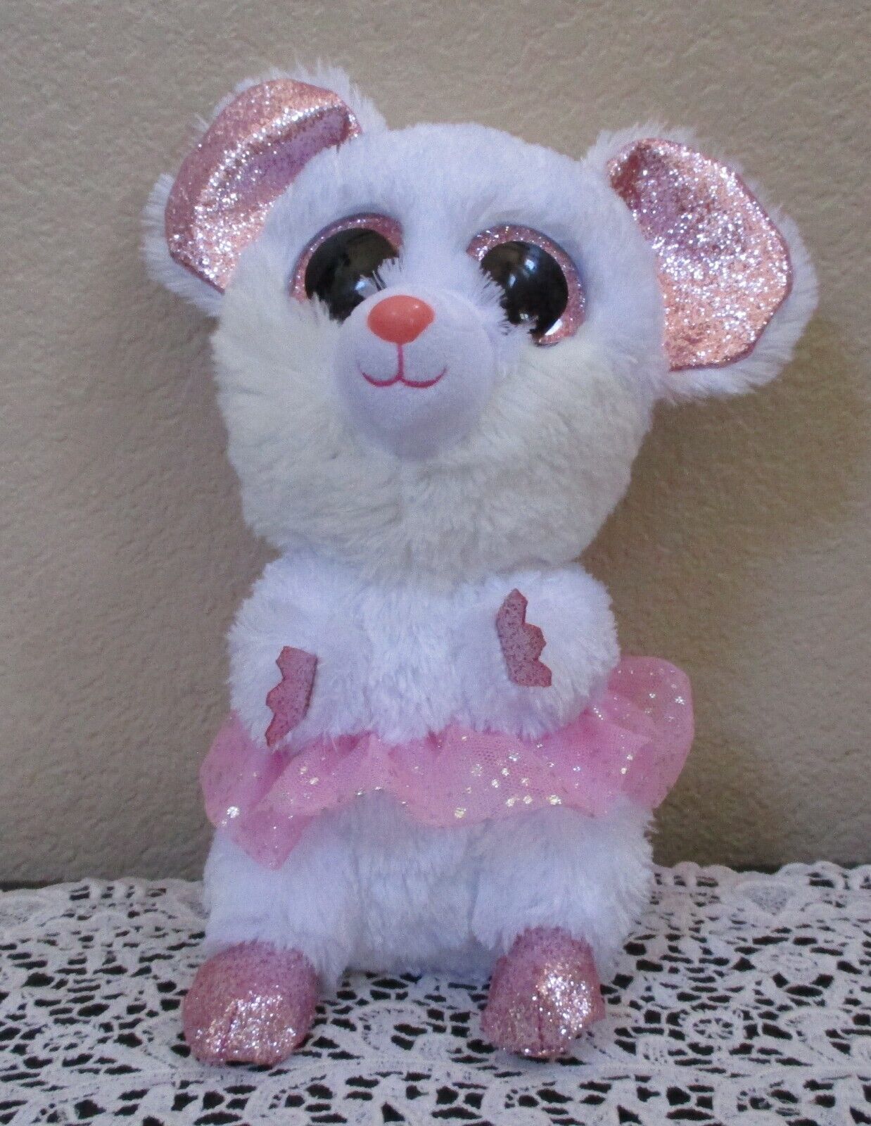 Ty Beanie Boos Nina Medium 9" White Mouse Big Pink Sparkle Eyes No Tag ...