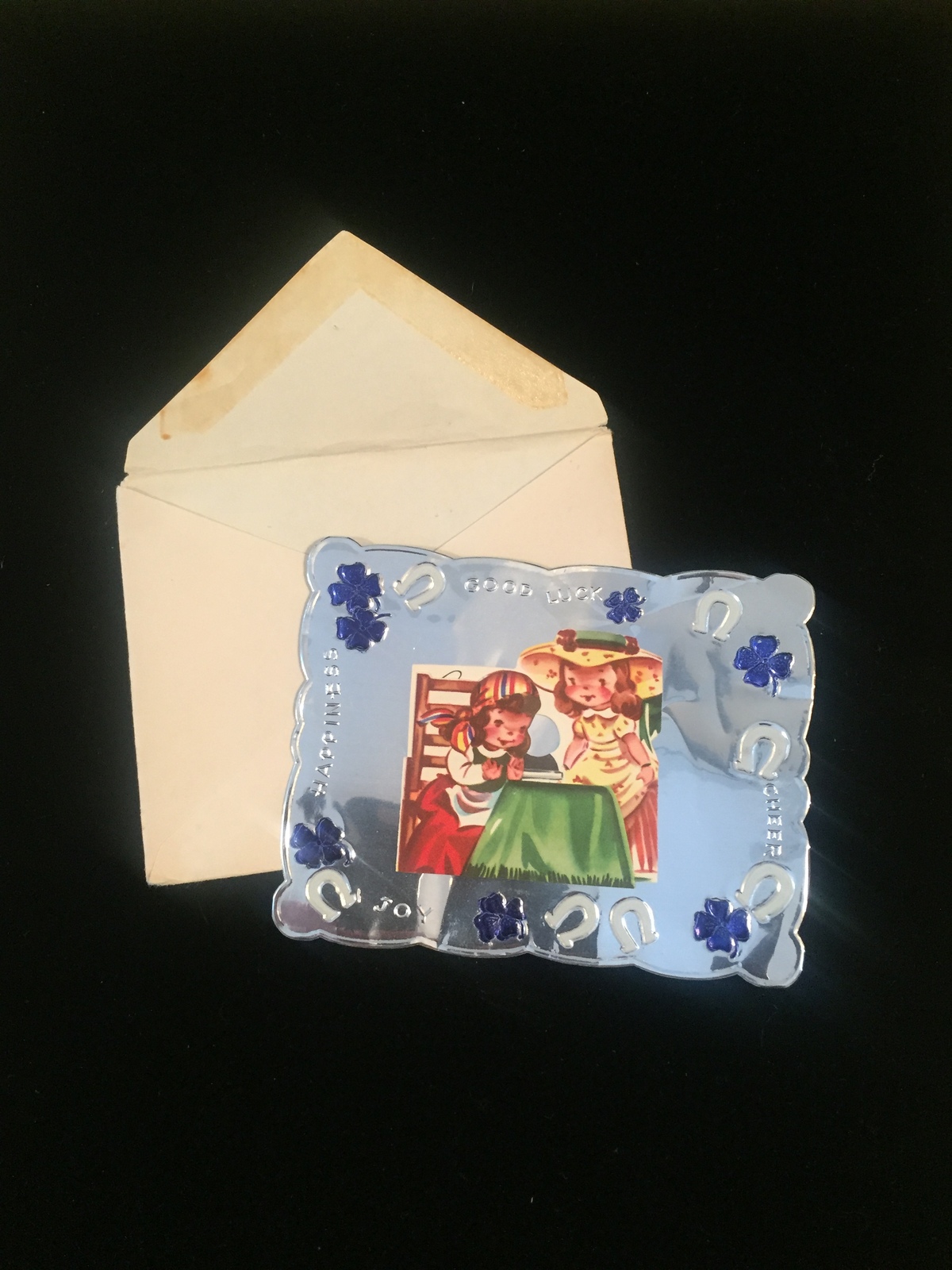 Vintage metallic "Good Luck Happy Returns" unused card with envelope ...