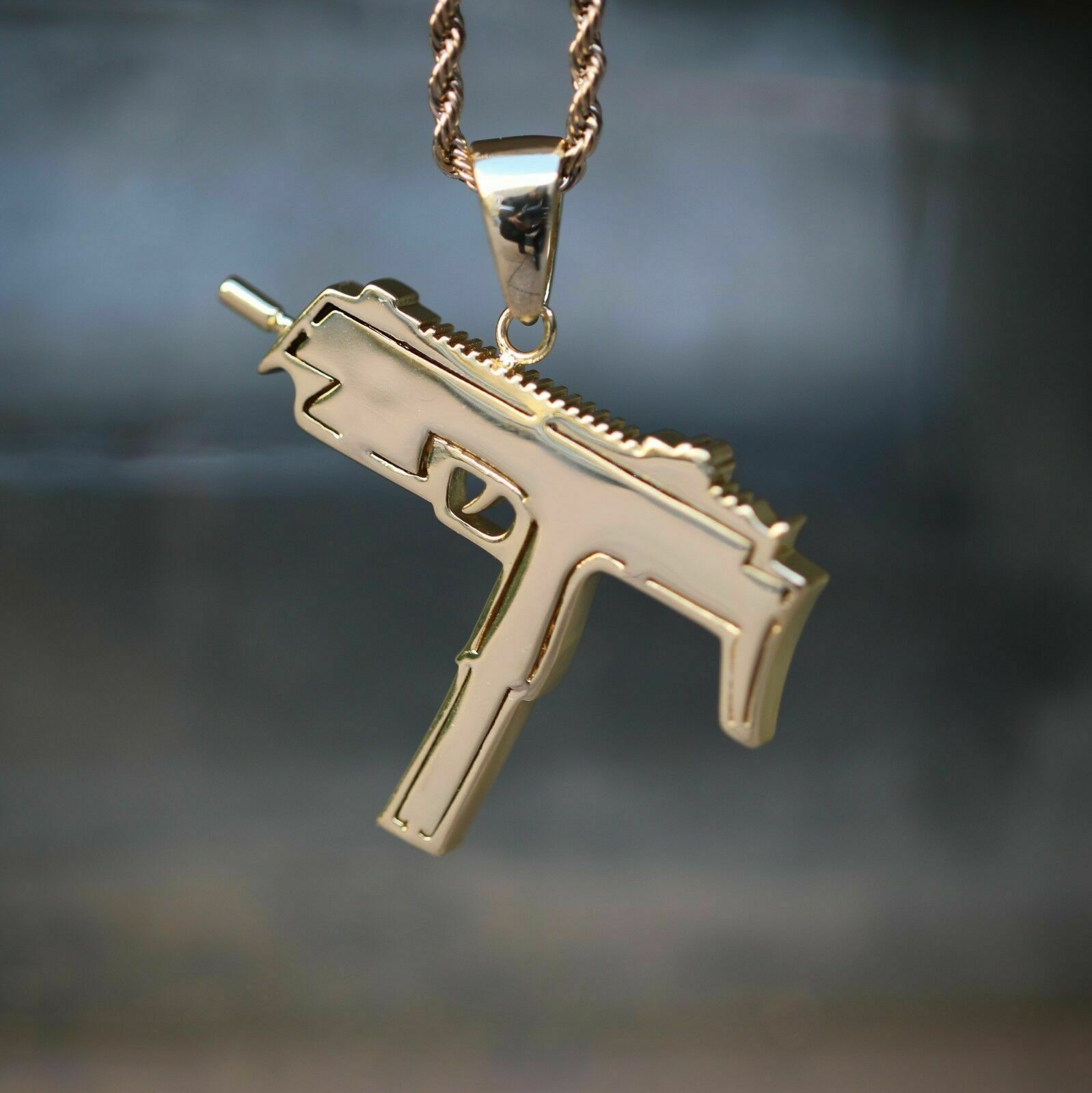 1.1Ct Brilliant Round Cut Diamond Uzi Hand Gun Pendant 14K Yellow Gold ...