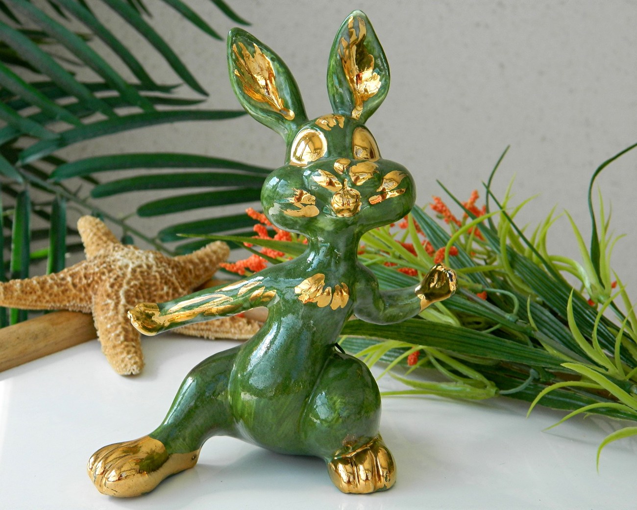Ceramic Rabbit Bunny Figurine Green Gold Trim Standing Easter - Rabbits