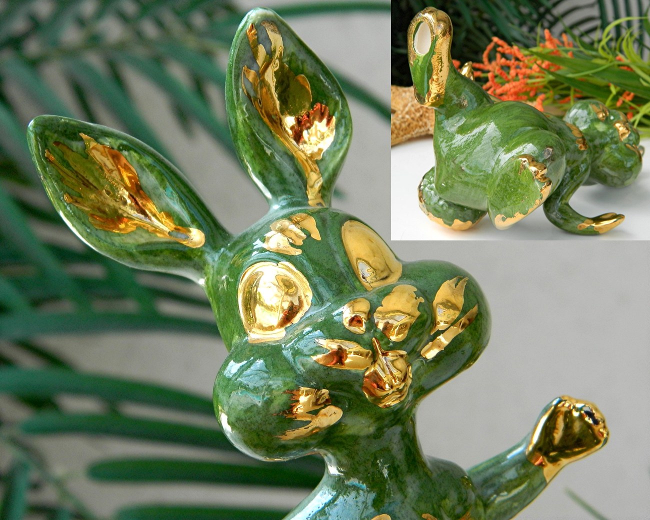 Ceramic Rabbit Bunny Figurine Green Gold Trim Standing Easter - Rabbits