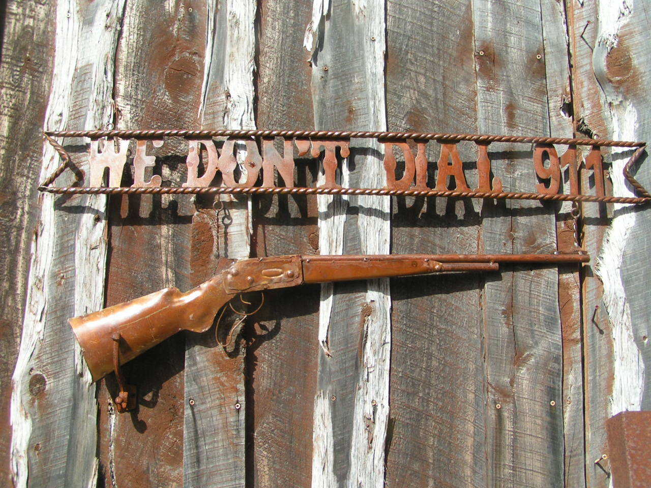 Iron Shotgun Western Gate Door Entry Metal Rifle 911 SECURITY Sign 2393 ...