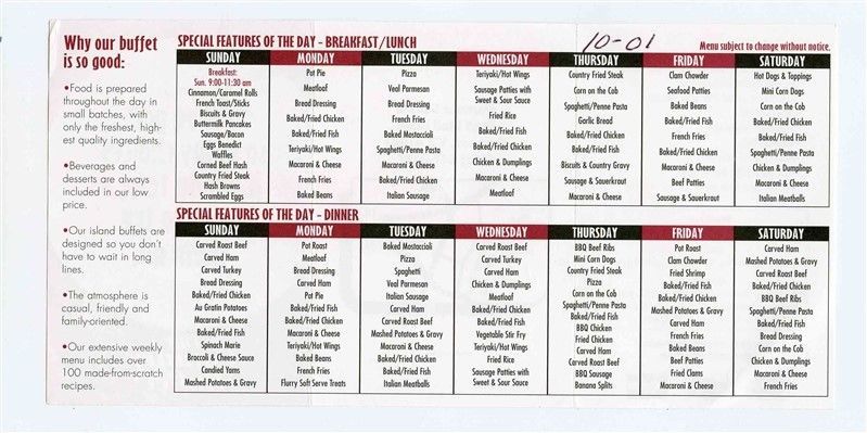 Old Country Buffet Weekly Lunch & Dinner Special Features Menu Florence ...