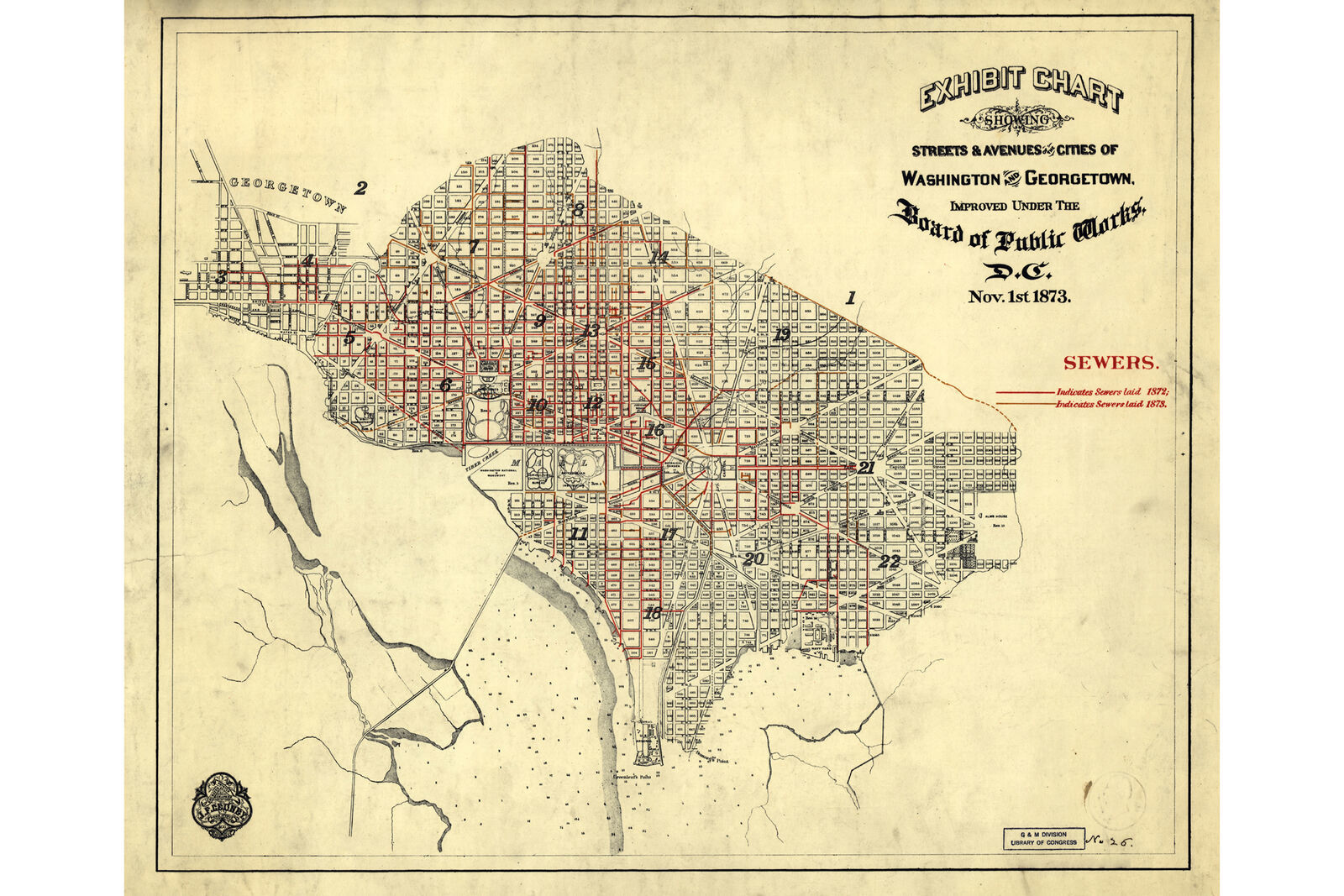 Map of Washington, DC and Georgetown; Antique Map, 1873 - Posters & Prints