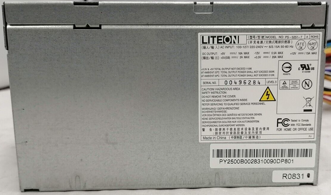LiteOn PS-5251-7 Power Supply Desktop PC ATX 250W Acer, Dell, Asus, HP ...