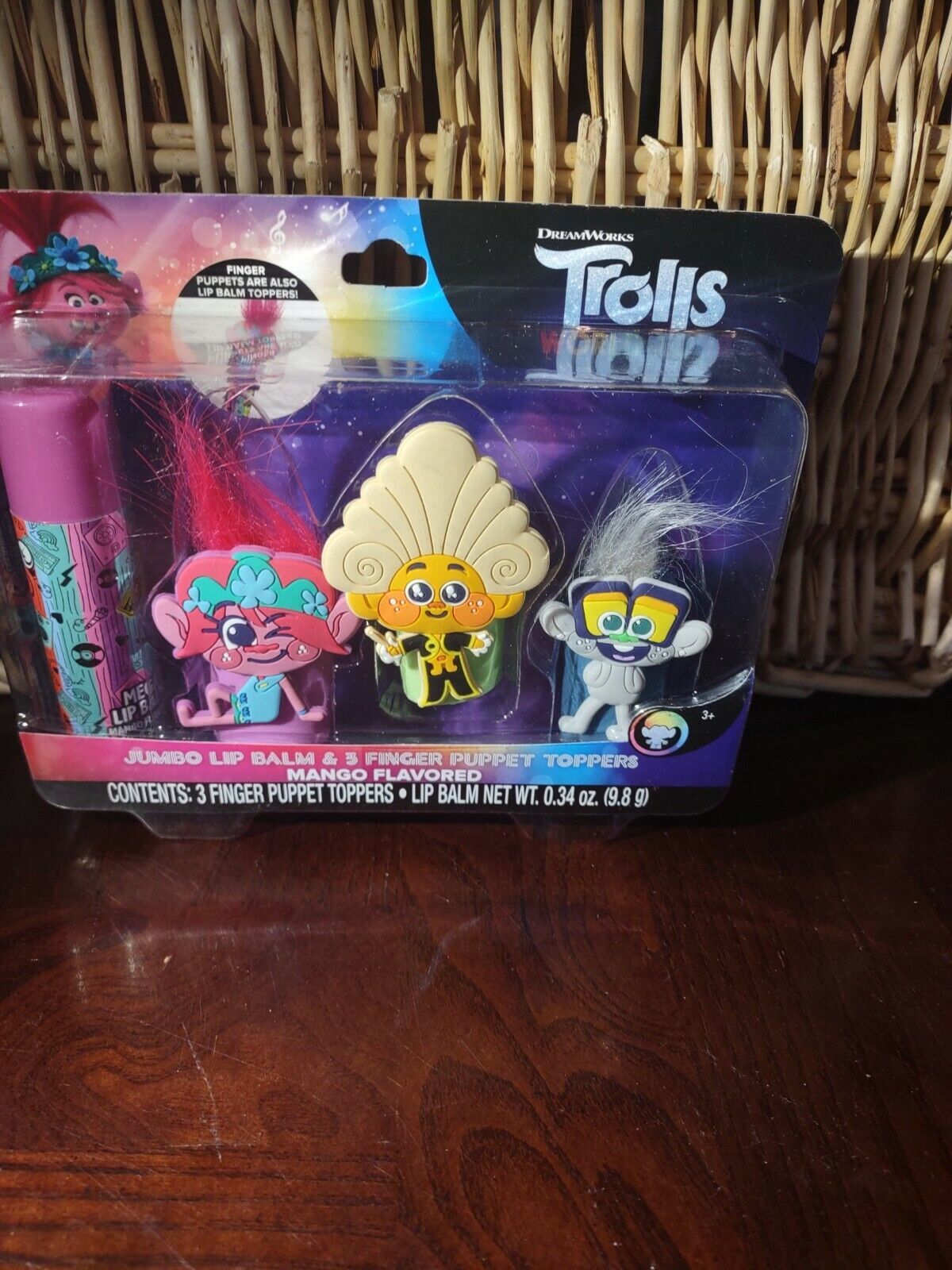 Trolls Jumbo Lip Balm And 3 Finger Puppet Toppers Mango Flavored ...
