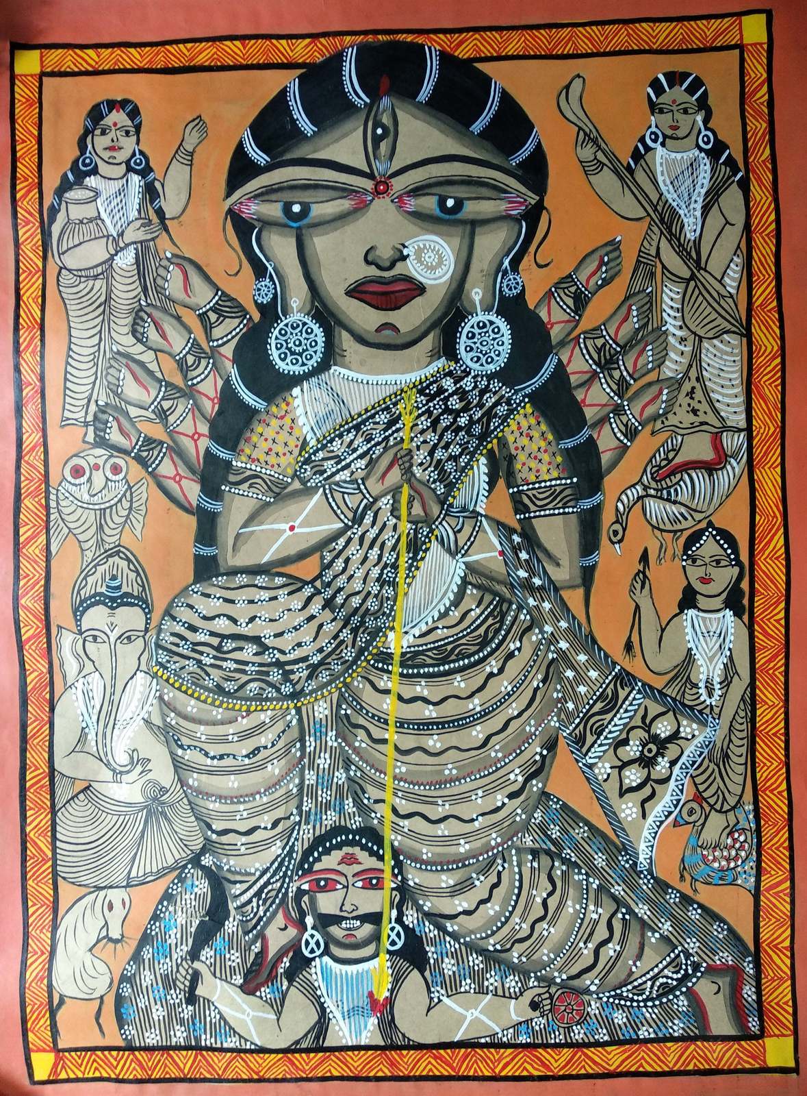 Original Vintage Pattachitra. Painting of Durga with Her children. - Art