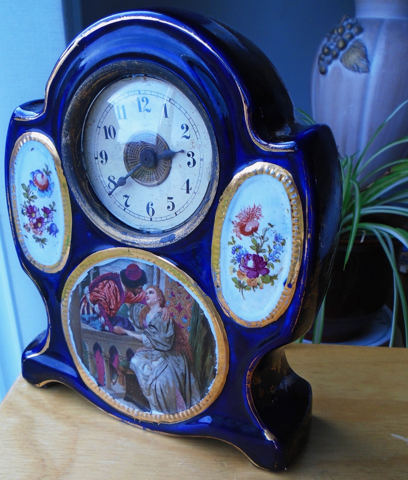 Antique COBALT BLUE Porcelain MANTLE Clock WIND-UP vienna influence ...