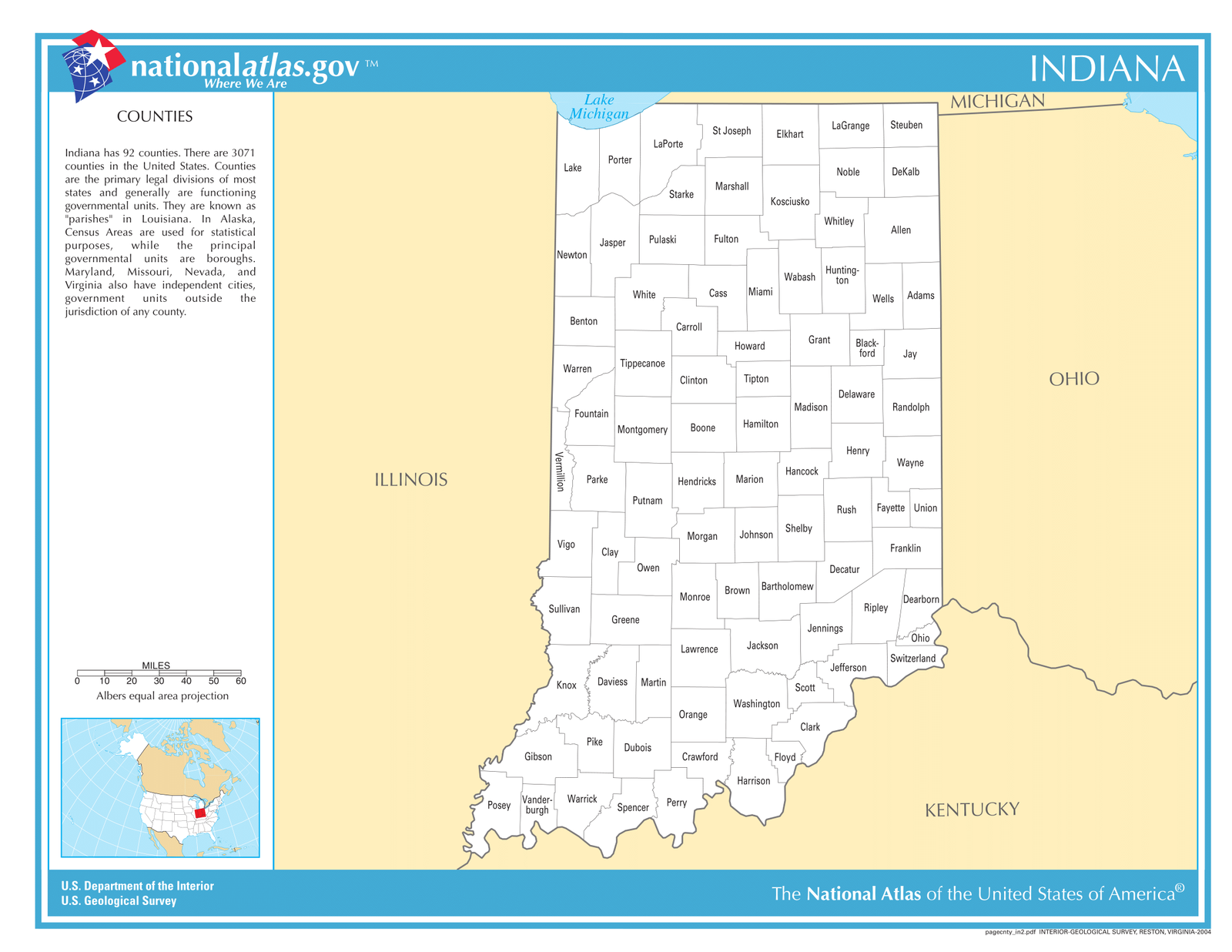 Indiana State Counties Laminated Wall Map - US