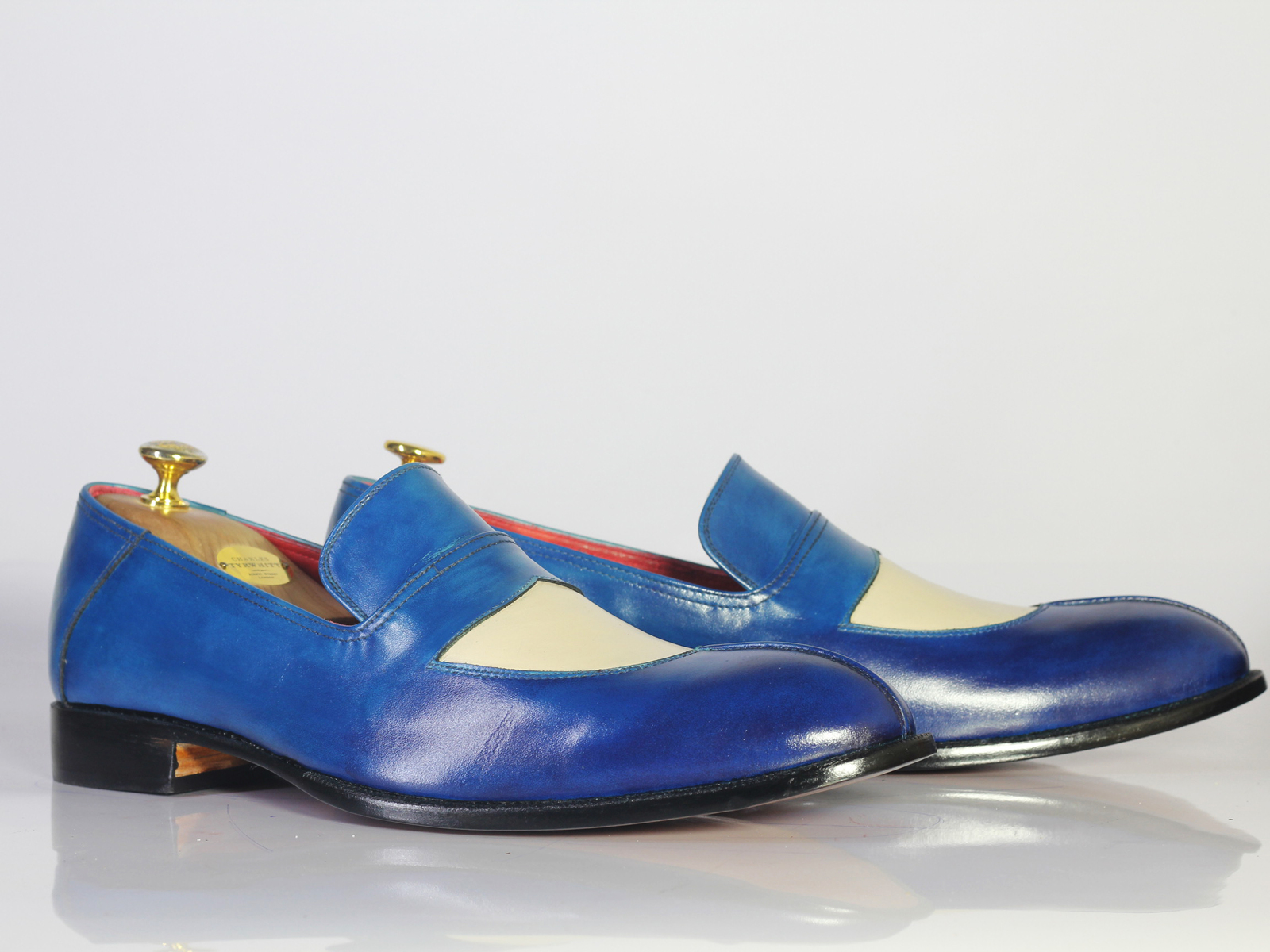 Handmade Men's White Blue Split Toe Leather Loafer Shoes,Men Designer ...